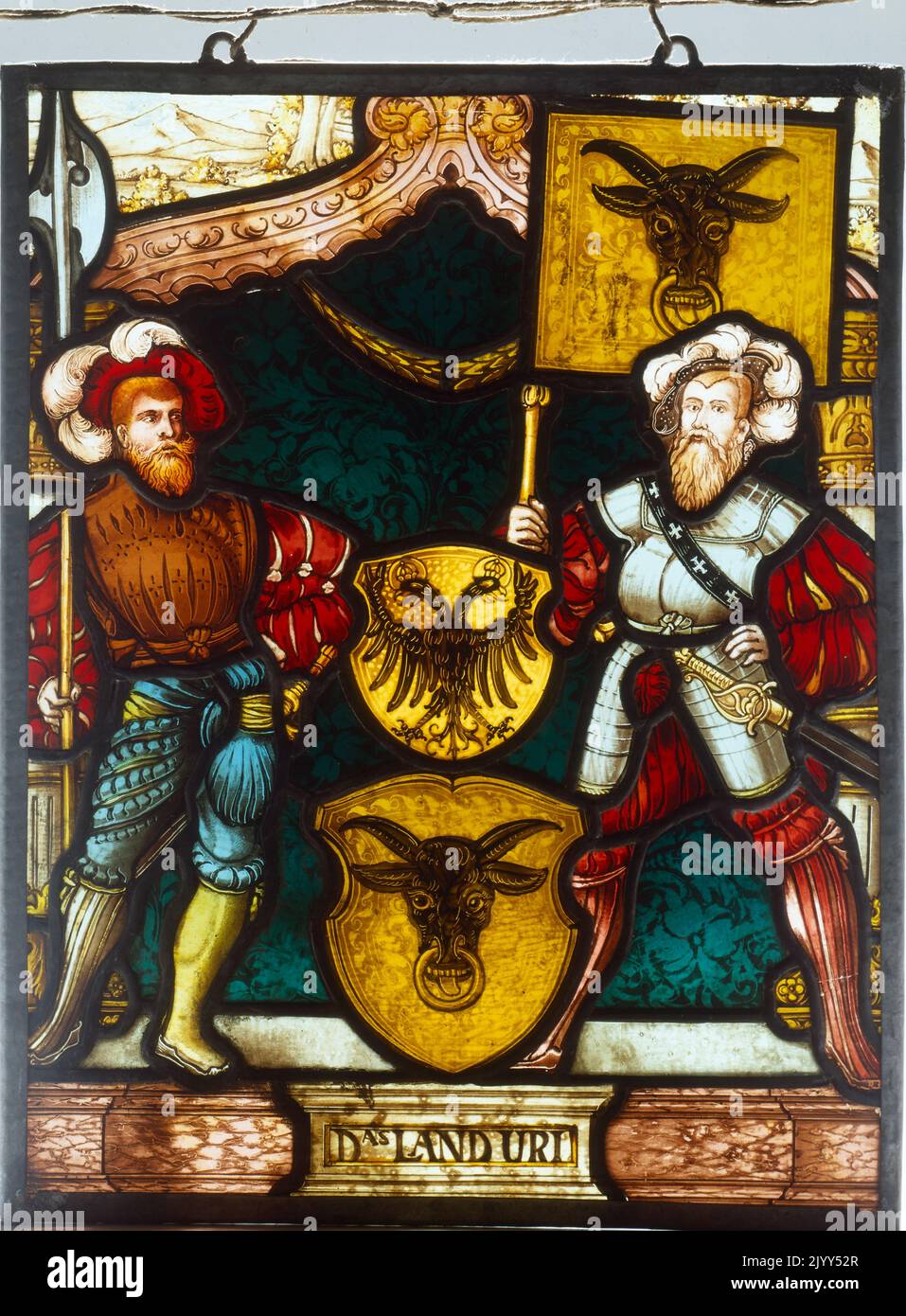 16th century stained glass window depicting two Germanic Knights in ...