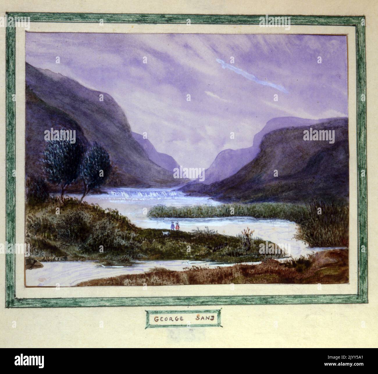 Watercolour landscape showing mountains, a river and a waterfall; by ...