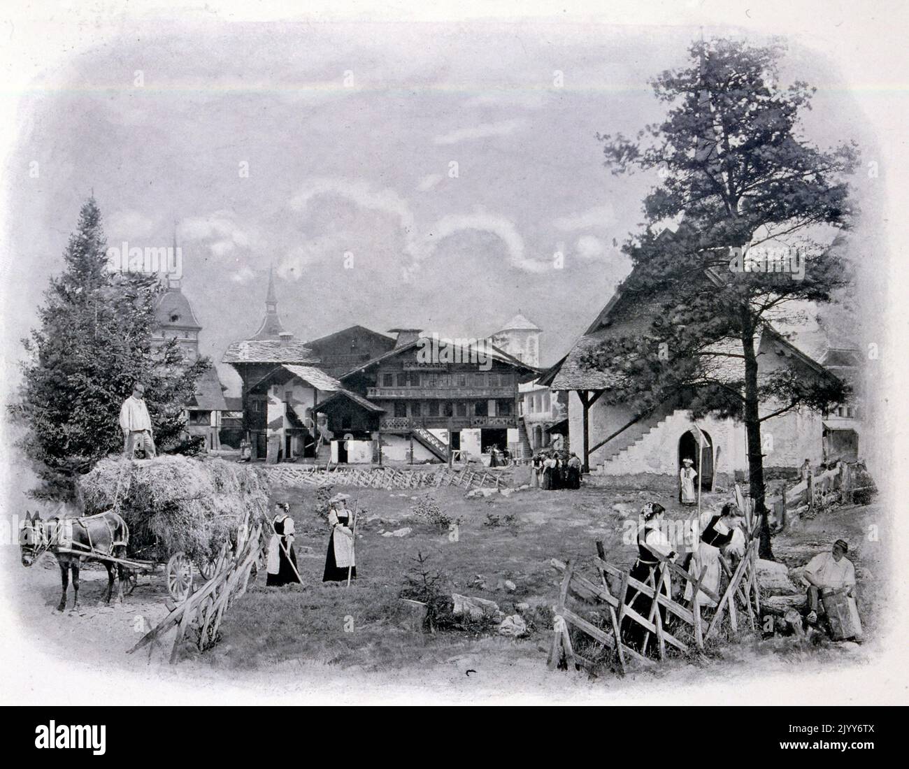 Black white image swiss village showing church chalet meiringen hi-res ...
