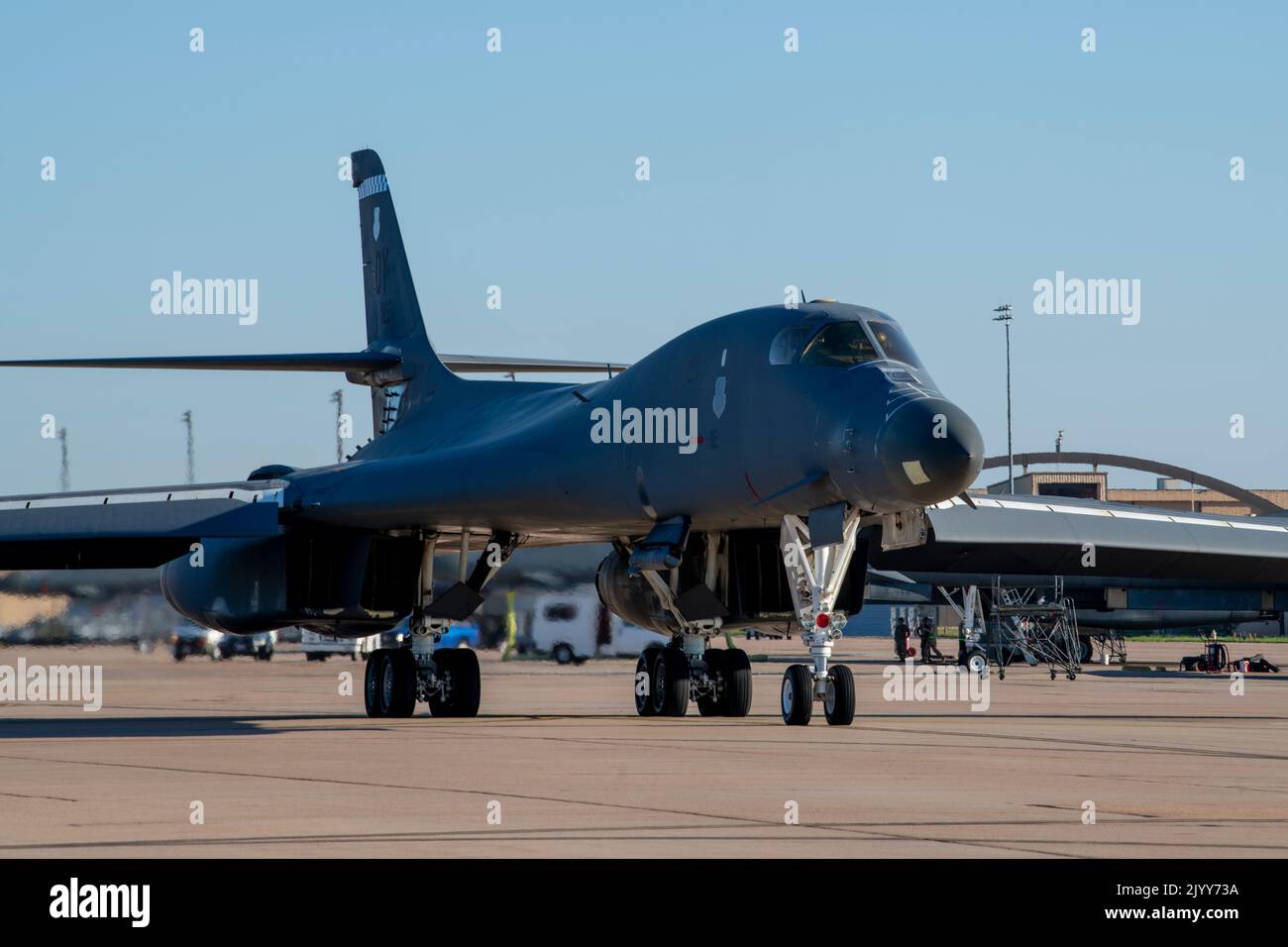 A B-1B Lancer taxis along the flightline at Dyess Air Force Base, Texas ...