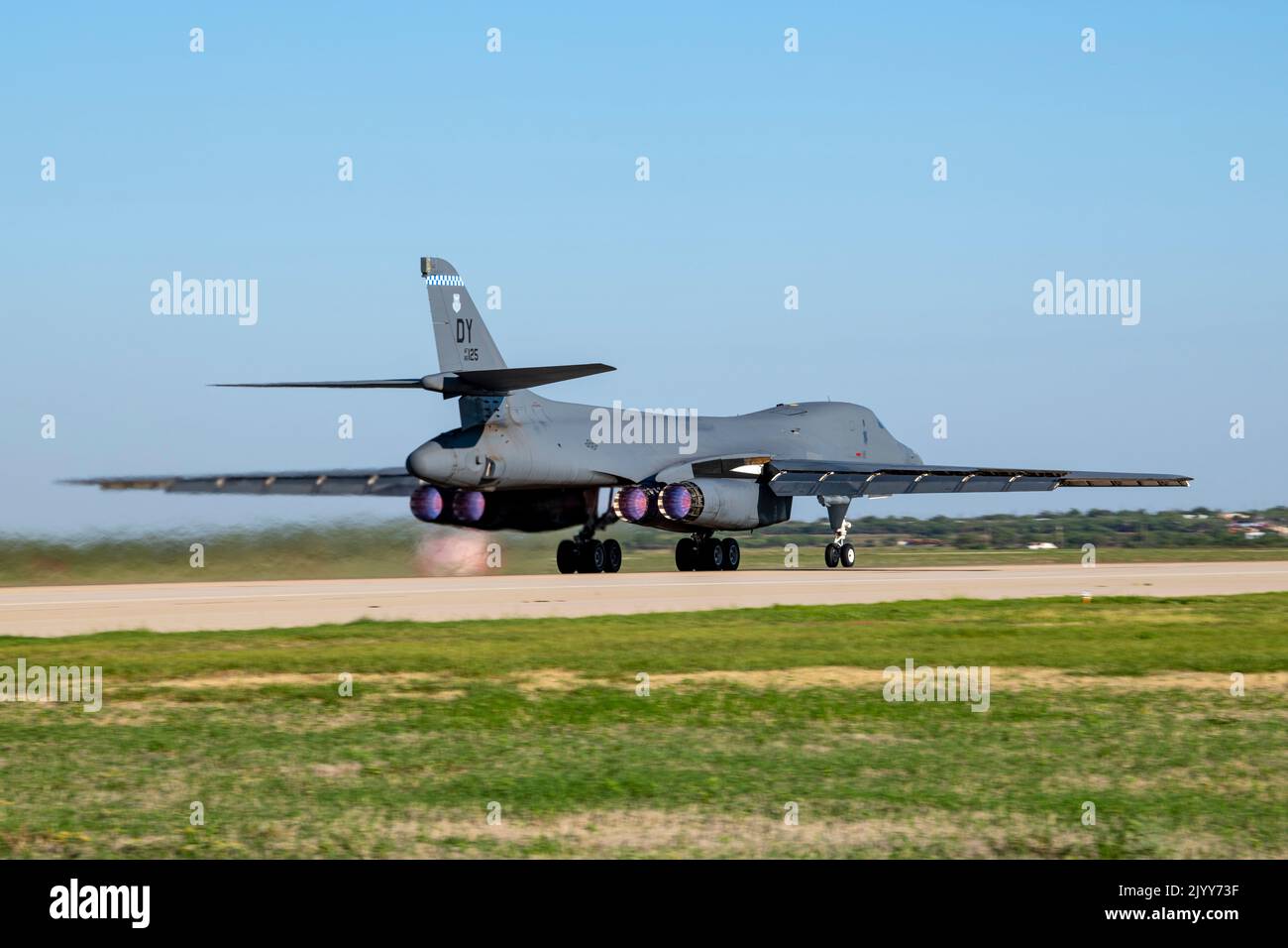 A B-1B Lancer takes off from the flightline at Dyess Air Force Base ...