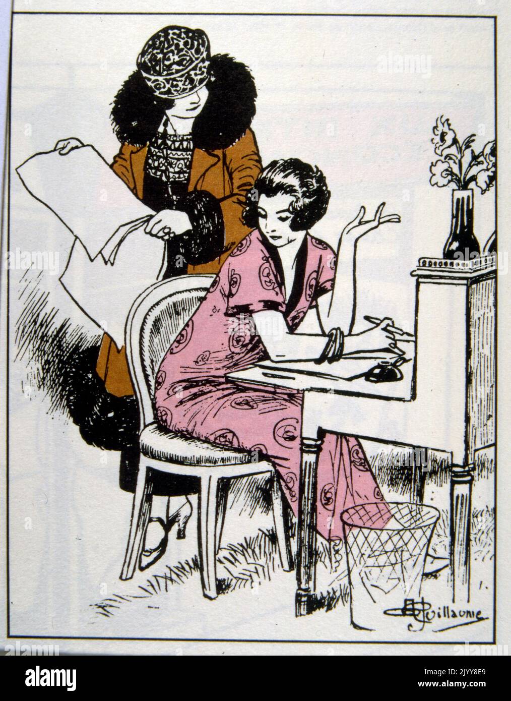 A coloured Illustration of two elegant ladies, one seated at a writing ...