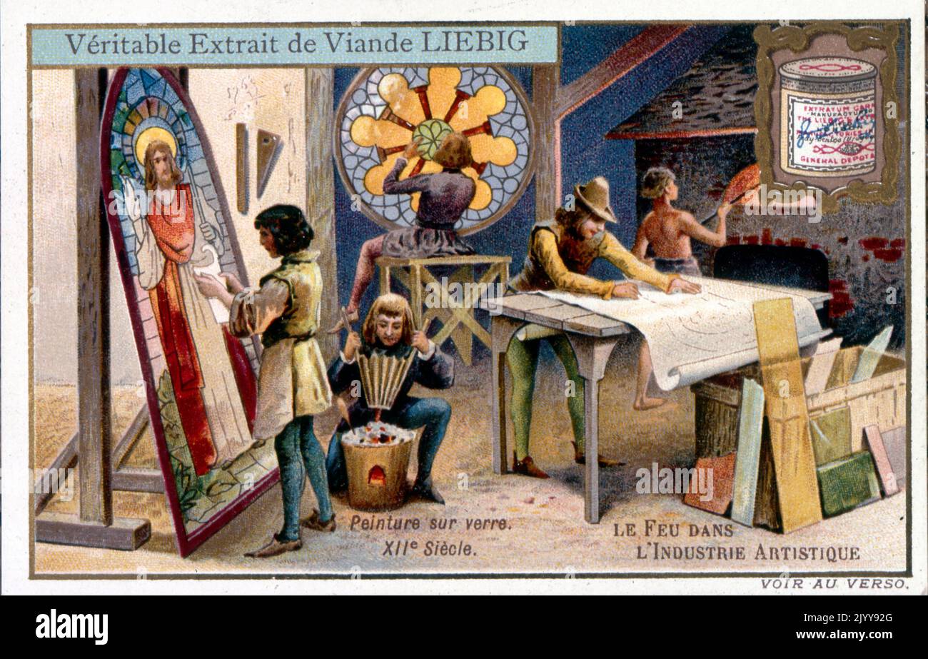 Advertisement for Liebig products; artists creating mosaic images of ...