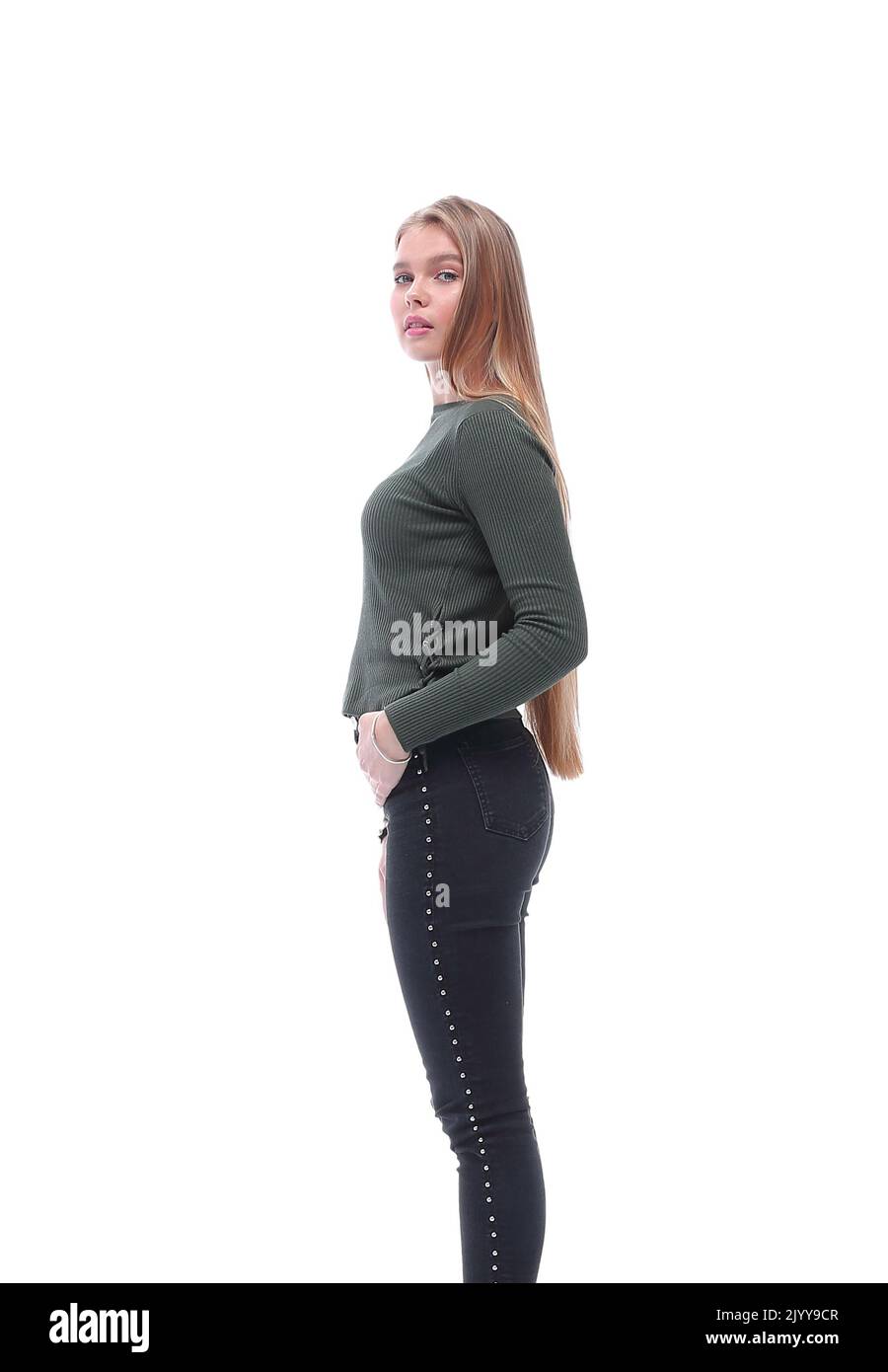 side view. stylish young woman looking forward Stock Photo - Alamy