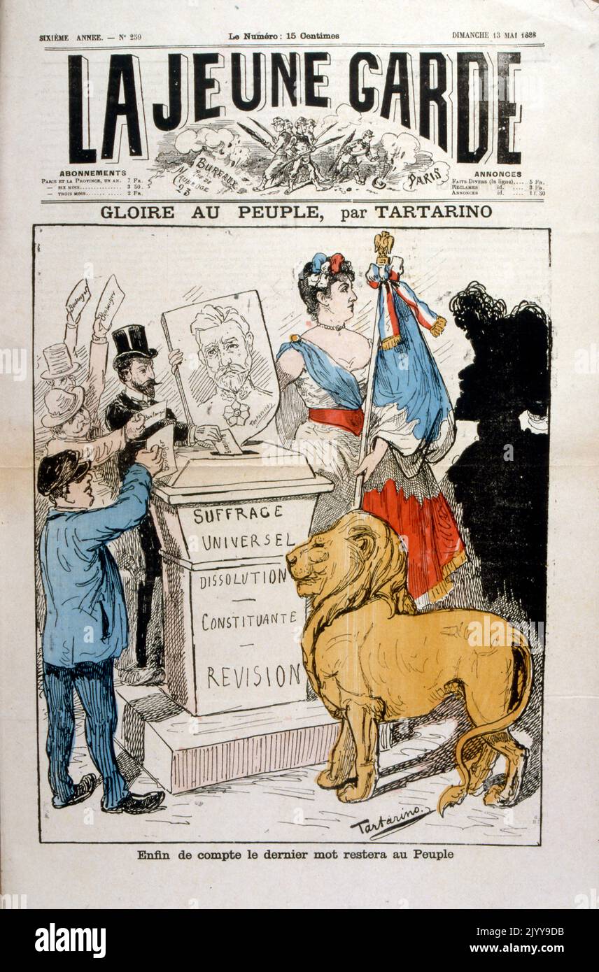 Colour Illustration of people putting paper into a ballot box. Headline ...