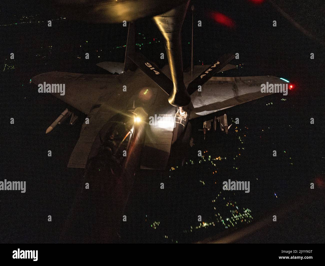 A U.S. Air Force KC-135 Stratotanker, with the 914th Air Refueling Wing, New York, refuels an F ...