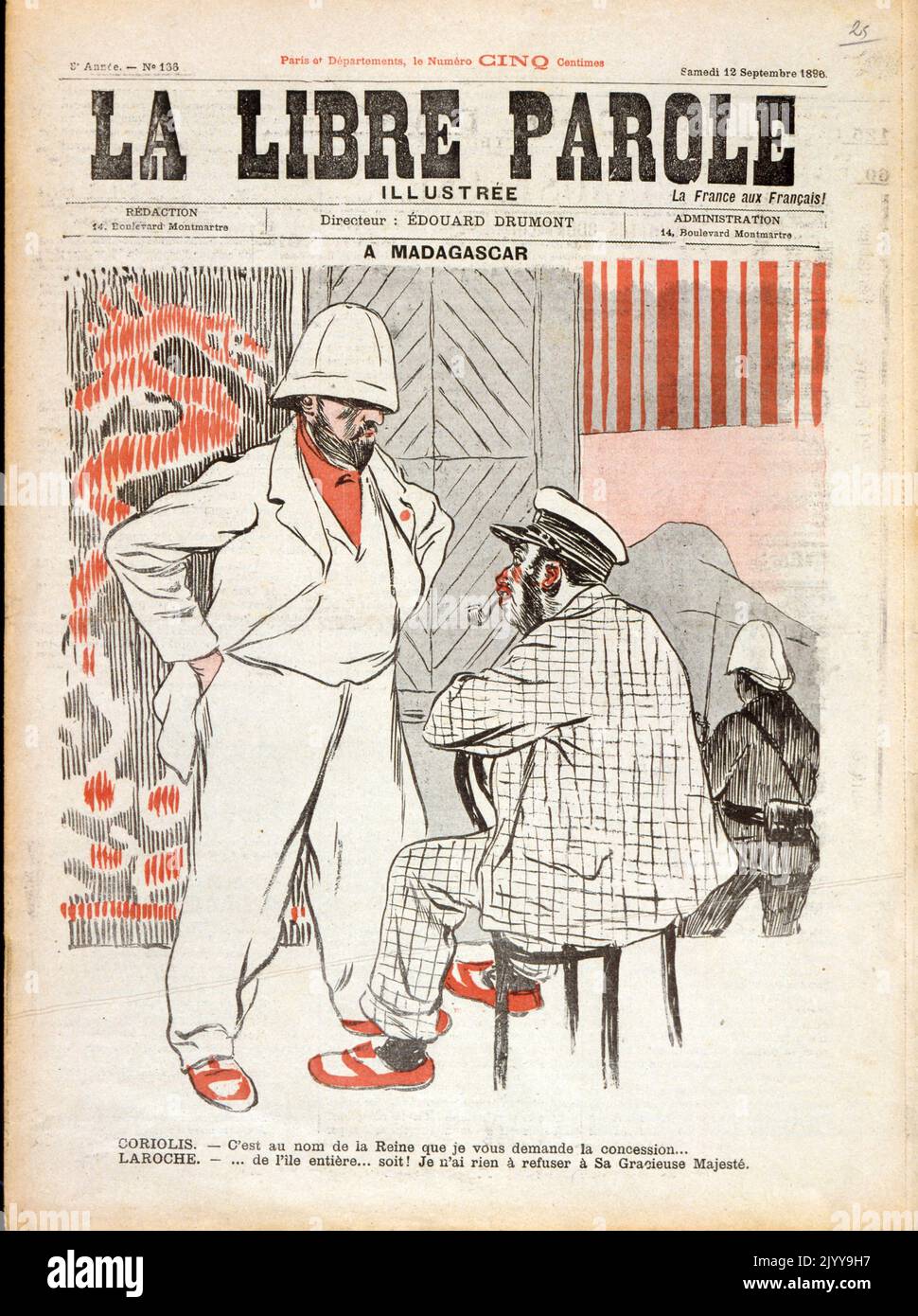 Coloured Illustration of two men talking, one seated with a pipe ...