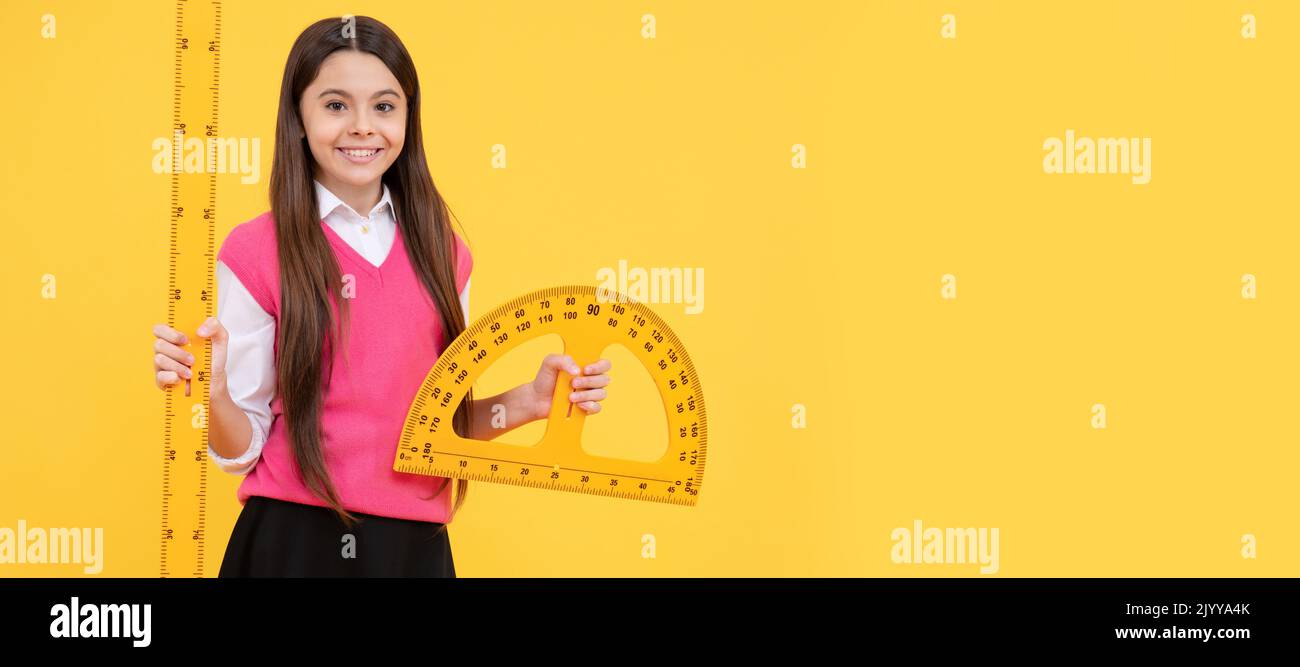 happy kid girl use protractor ruler to learn mathematics, measurement ...