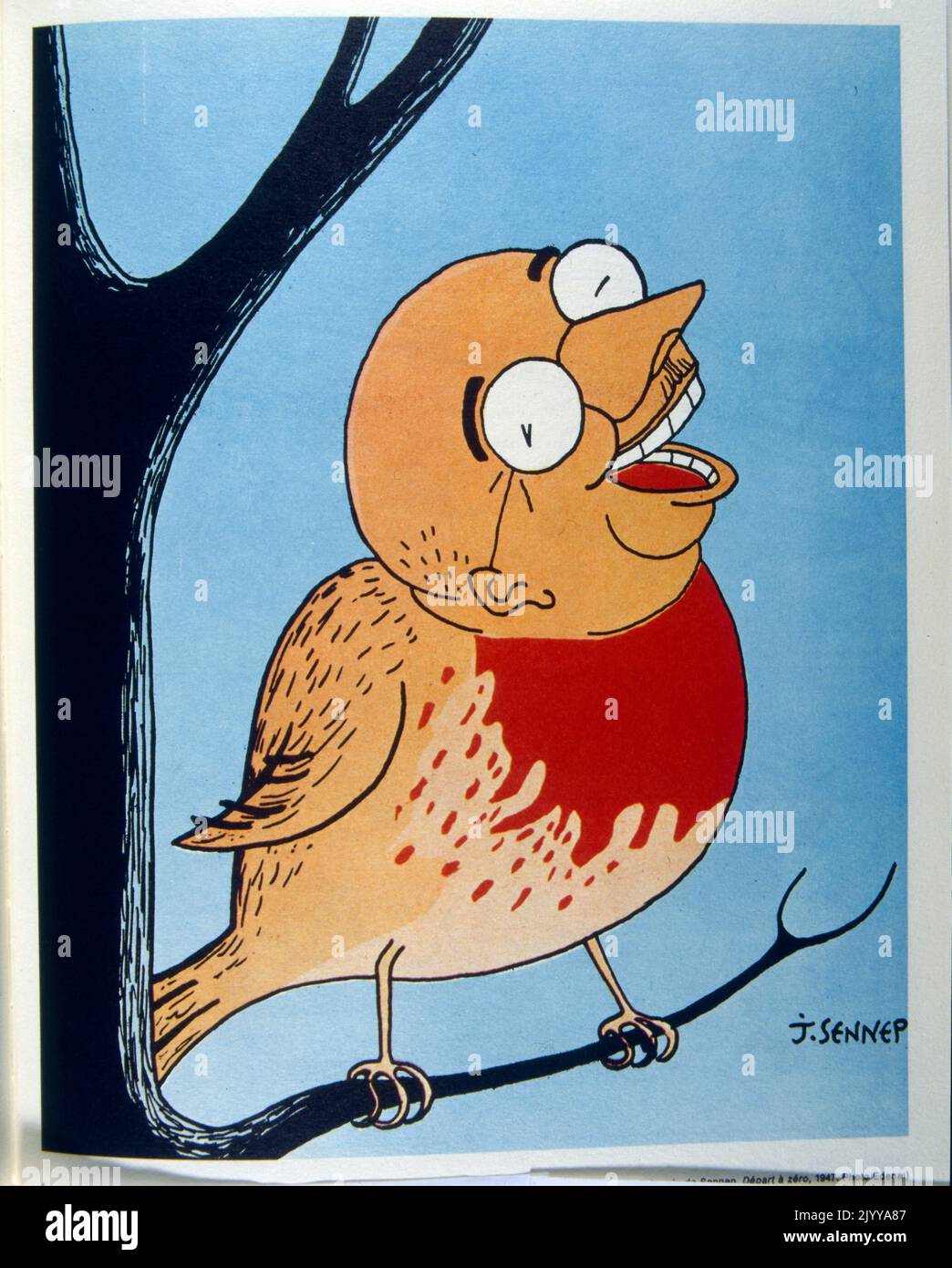 Coloured Illustration of a robin with the head of bald man wearing ...