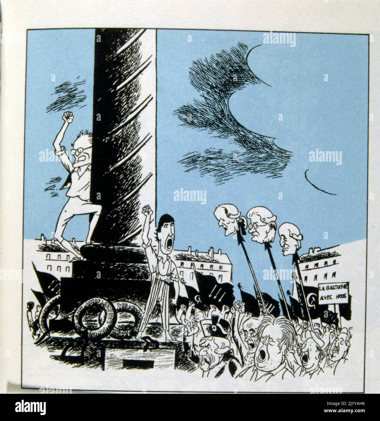 A two-toned coloured Illustration of a mob with heads on sticks Stock ...