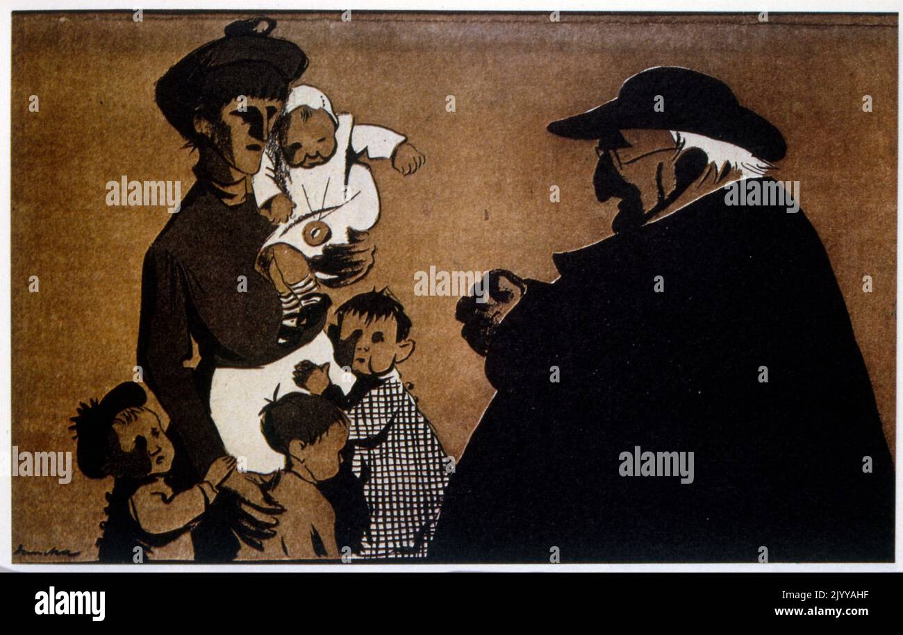 Coloured Illustration of a church man asking a poor woman with four ...