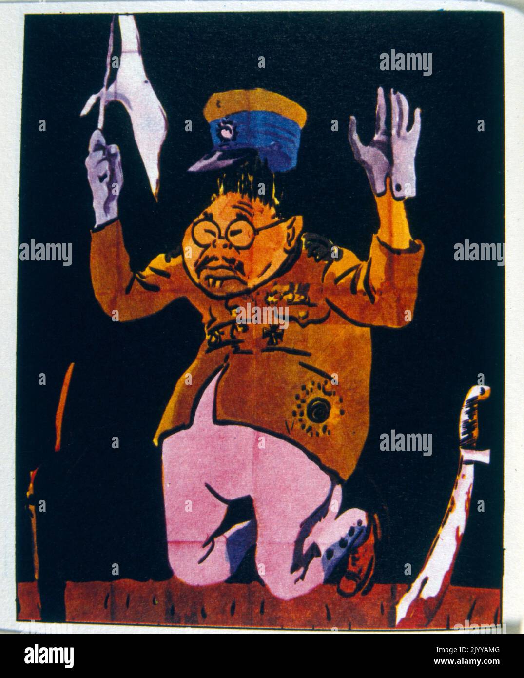 Watercolour painting of a Japanese man surrendering on his knees next ...