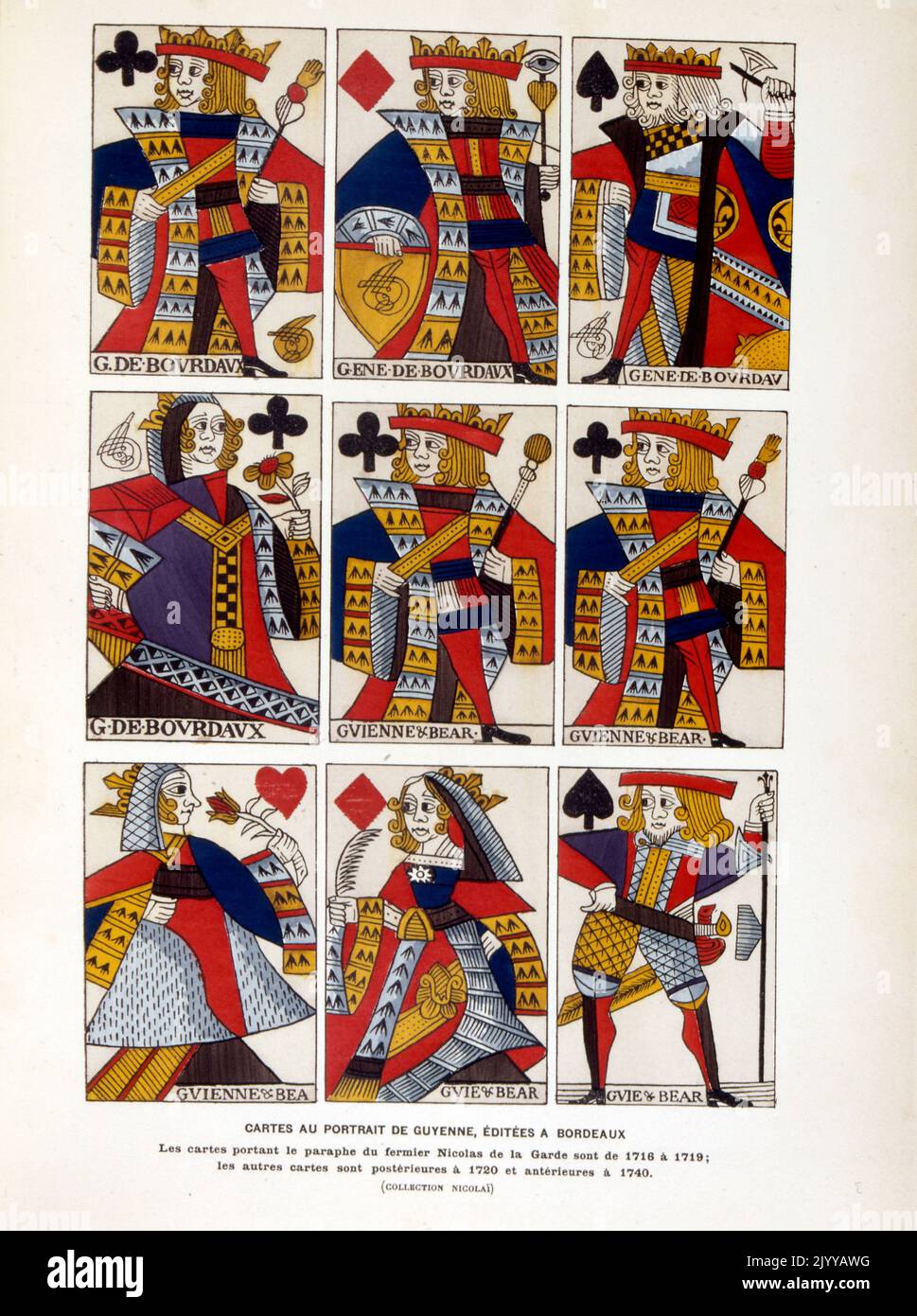 Coloured Illustration of playing cards, portrait of Guyenne, published in Bordeaux. Carrying the ...