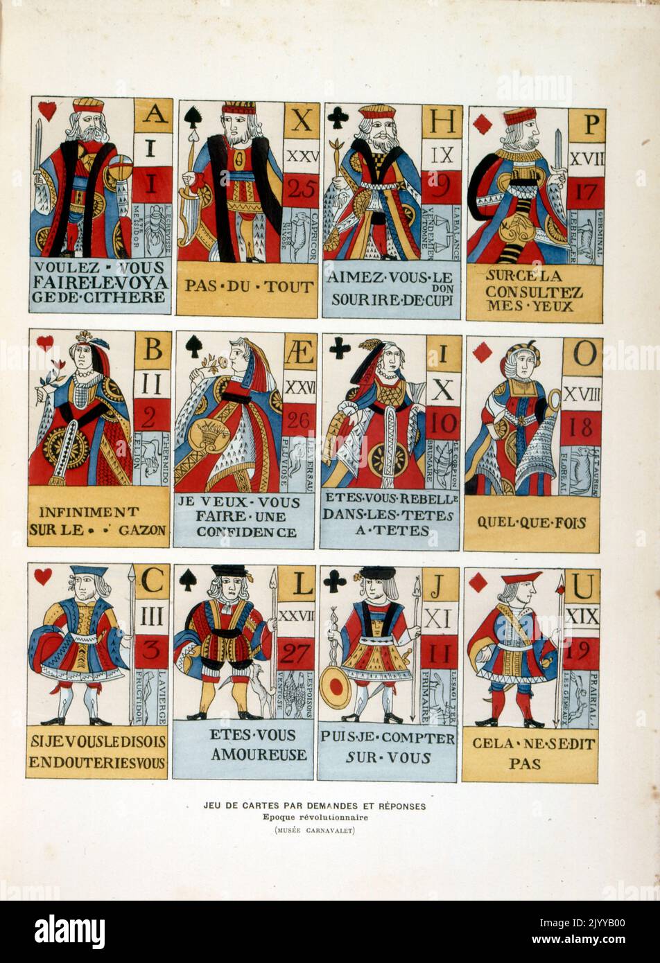 Coloured Illustration of playing cards, with questions and answers ...