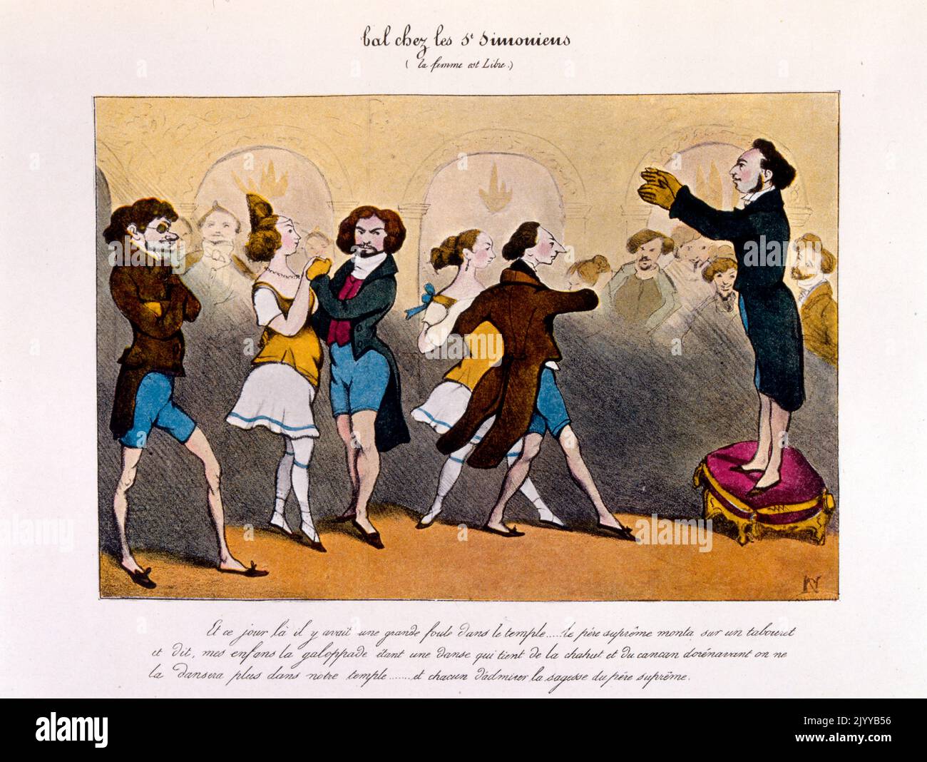 Coloured Illustration depicting a Saint-Simonians ball. Men and women ...