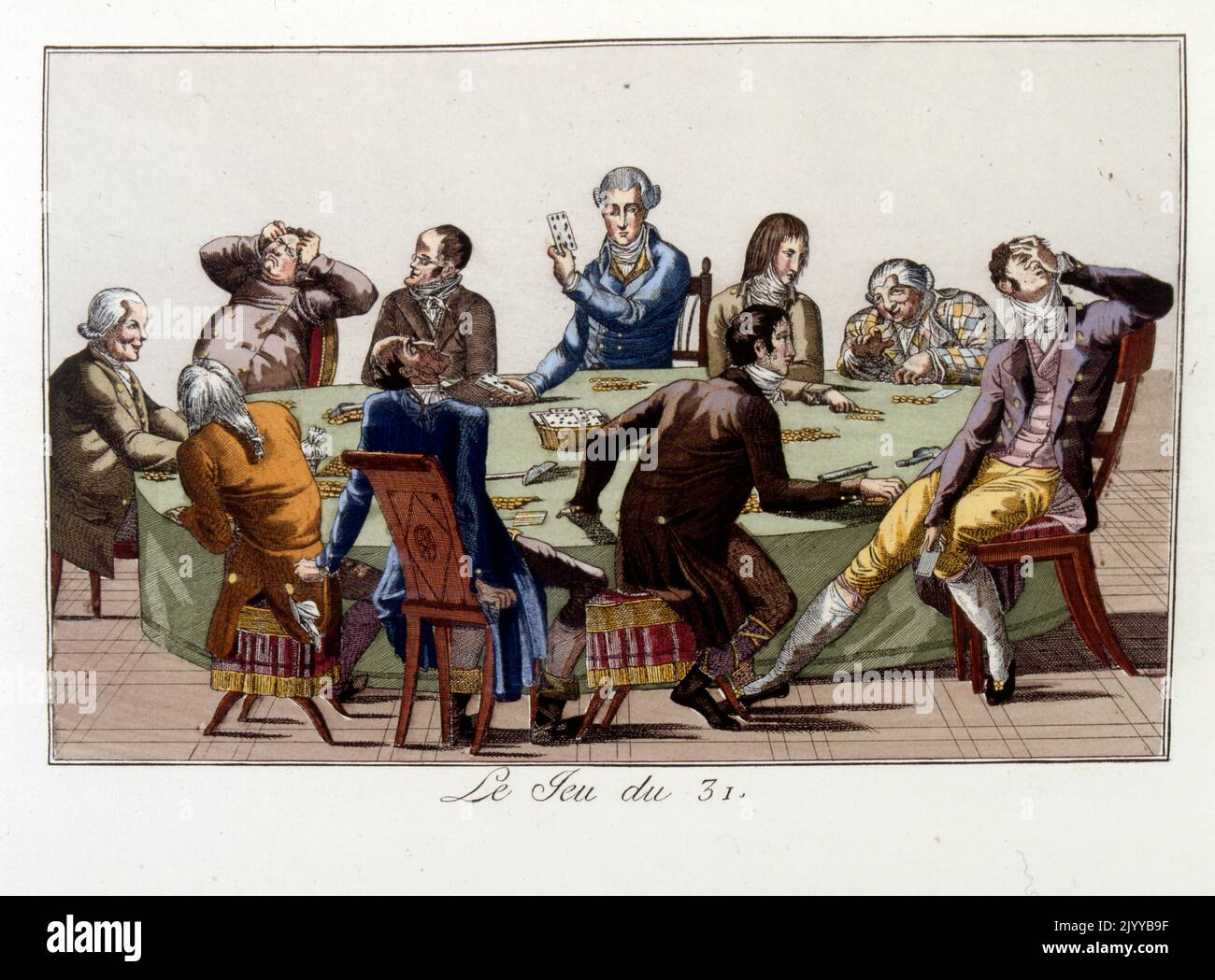 Coloured Illustration of men around a table playing card games entitled ...