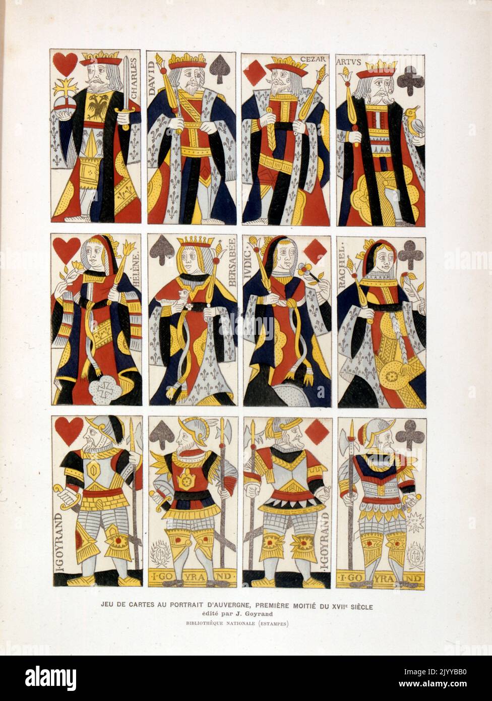 Coloured Illustration of playing cards showing portraits of Auvergne ...