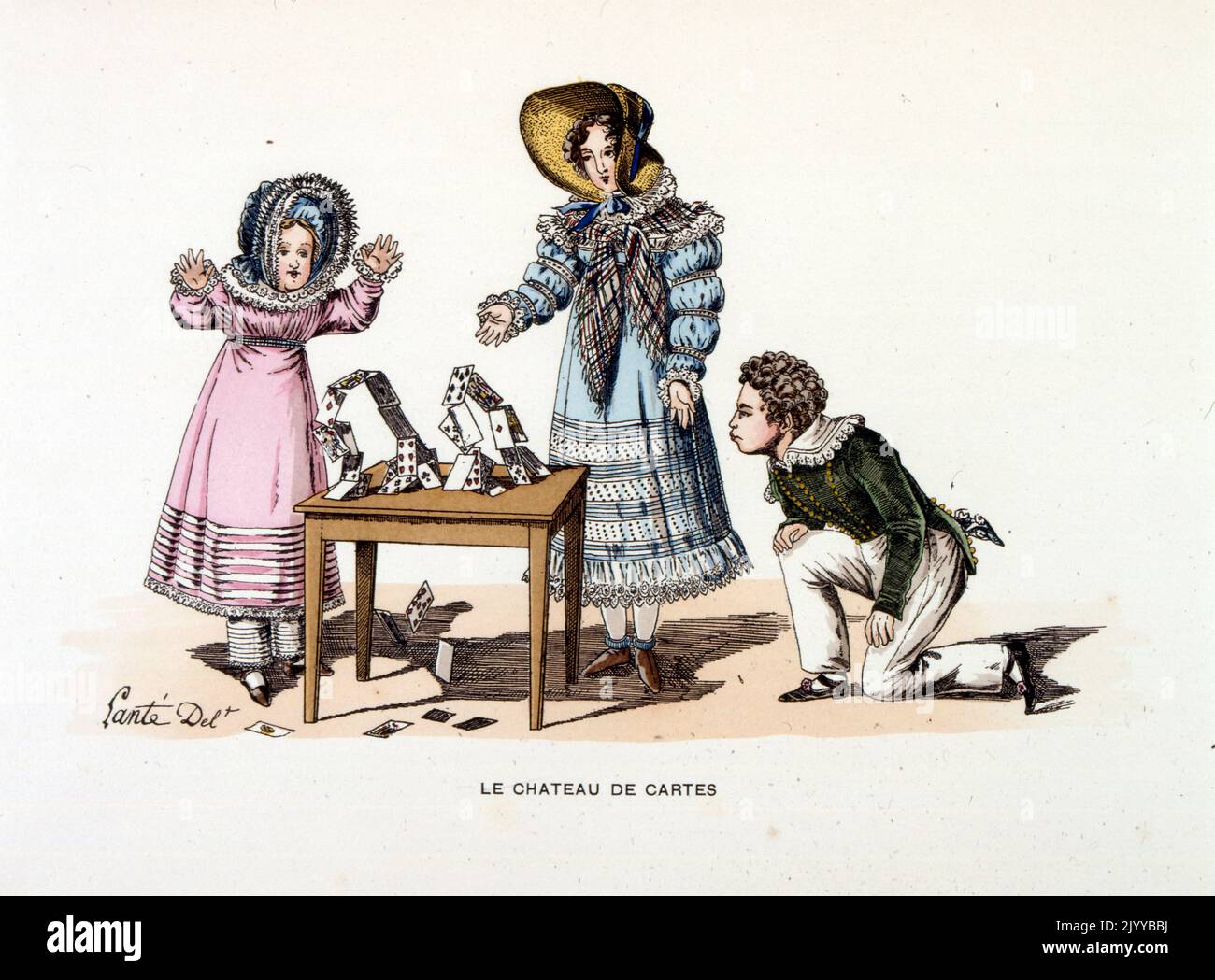Coloured Illustration of children playing with a house of cards in the ... Coloured Illustration of children playing with a house of cards in the ...