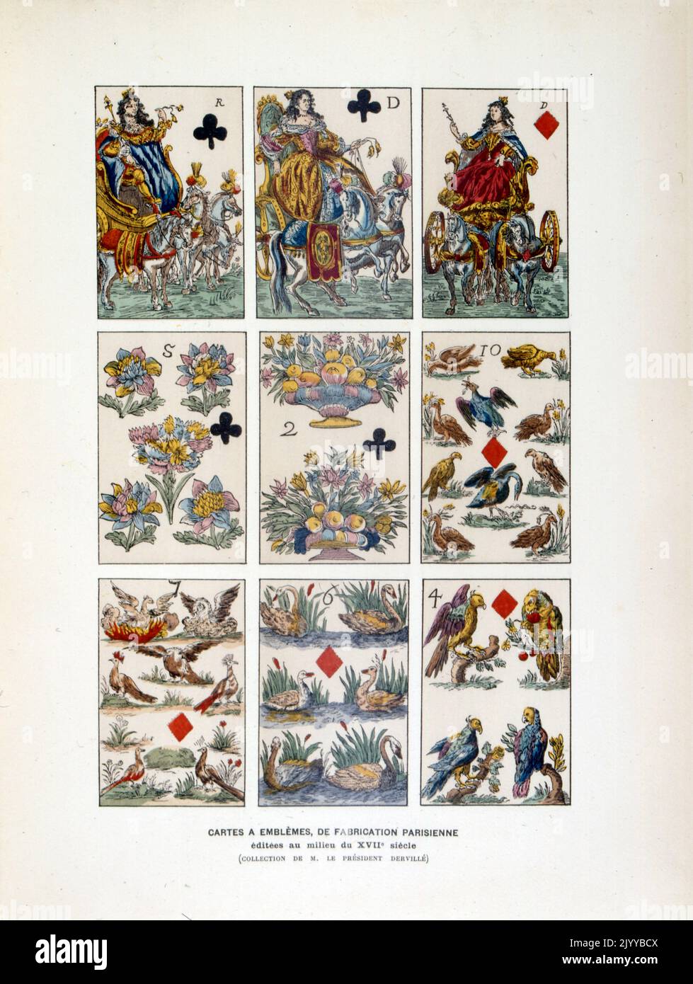 Coloured Illustration of playing cards depicting emblems made in Paris ...