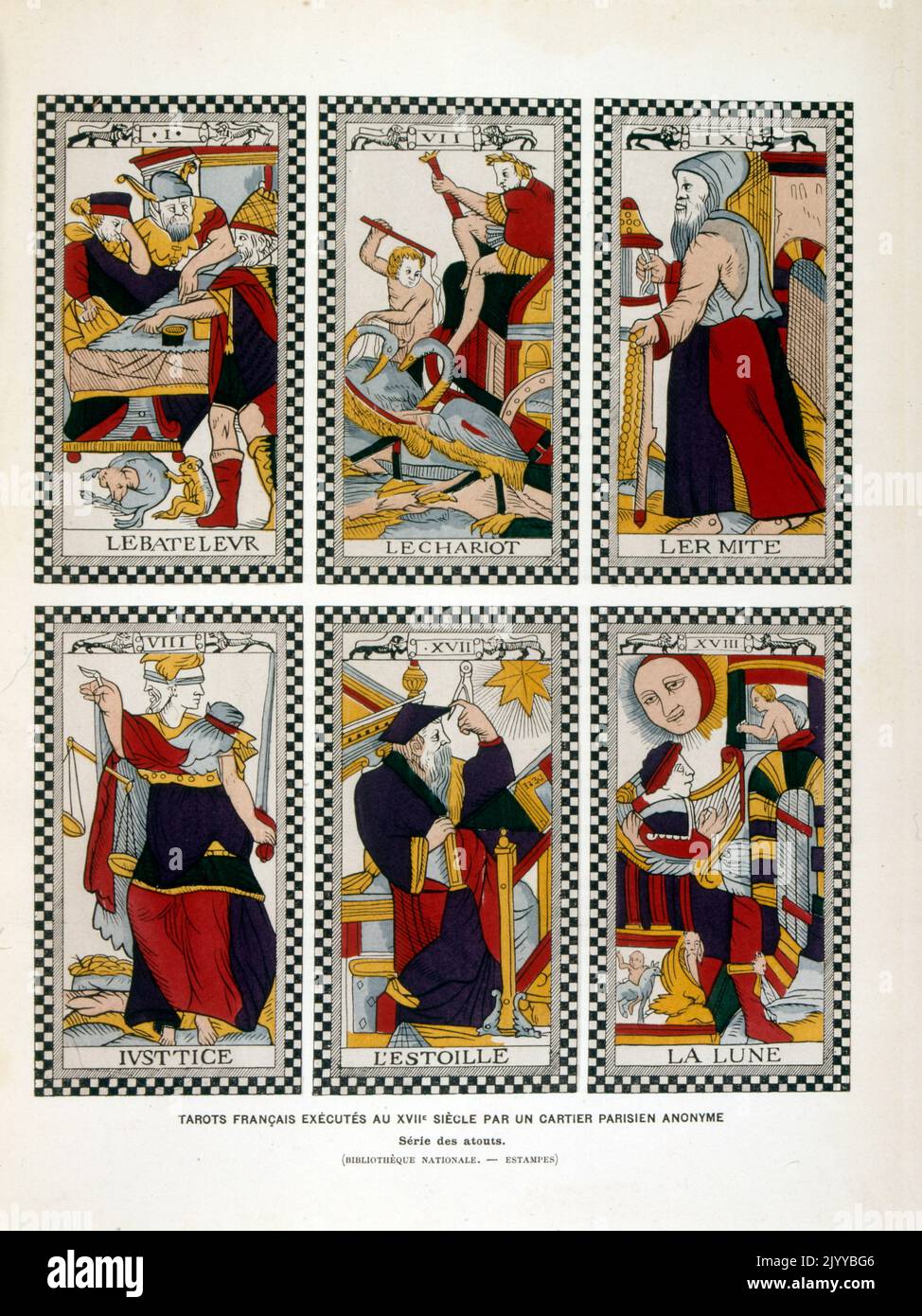 Coloured Illustration of a collection of tarot cards made in the 17th ...