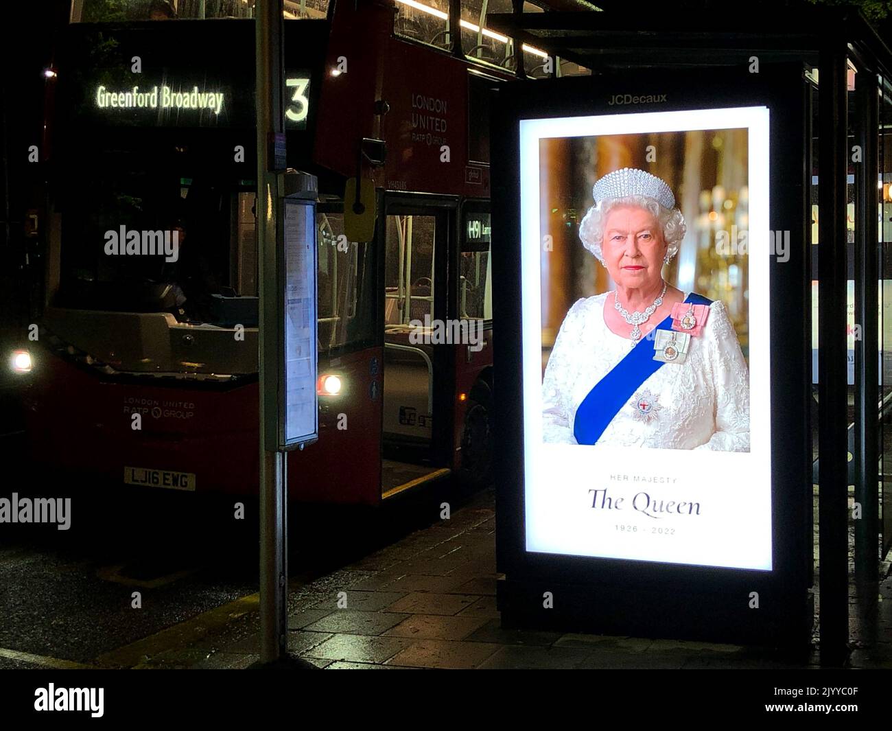 London, UK. 08th Sep, 2022. A neon sign at a bus stop on Chiswick High ...