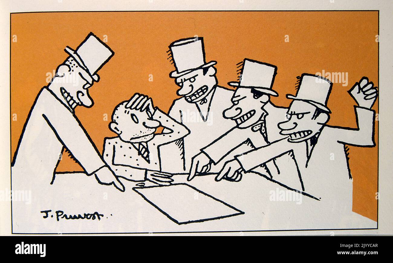 Ink drawing depicting well-dressed men standing around a table as they ...