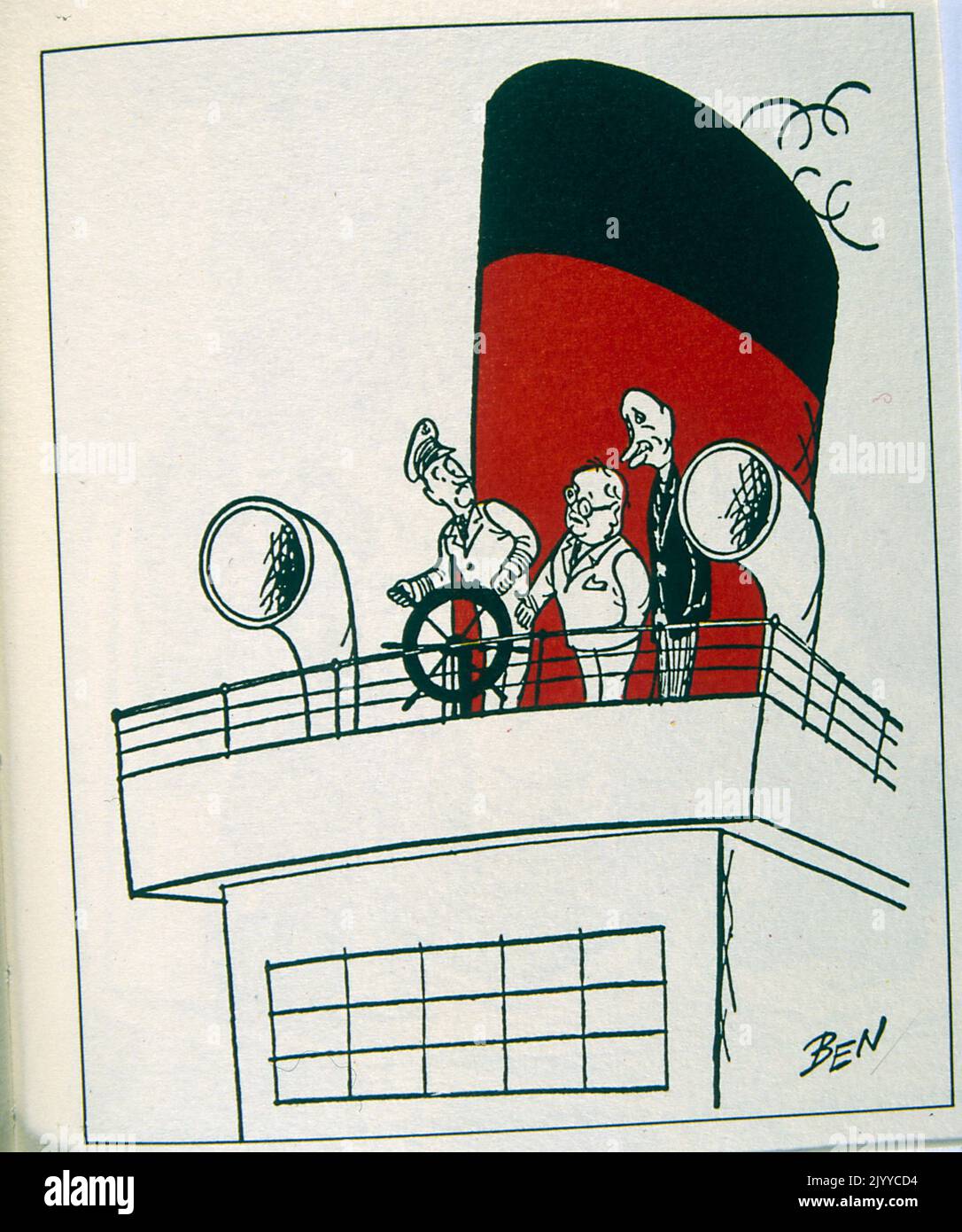 Illustration depicting three men in front of a ship's helm. Signed BEN ...