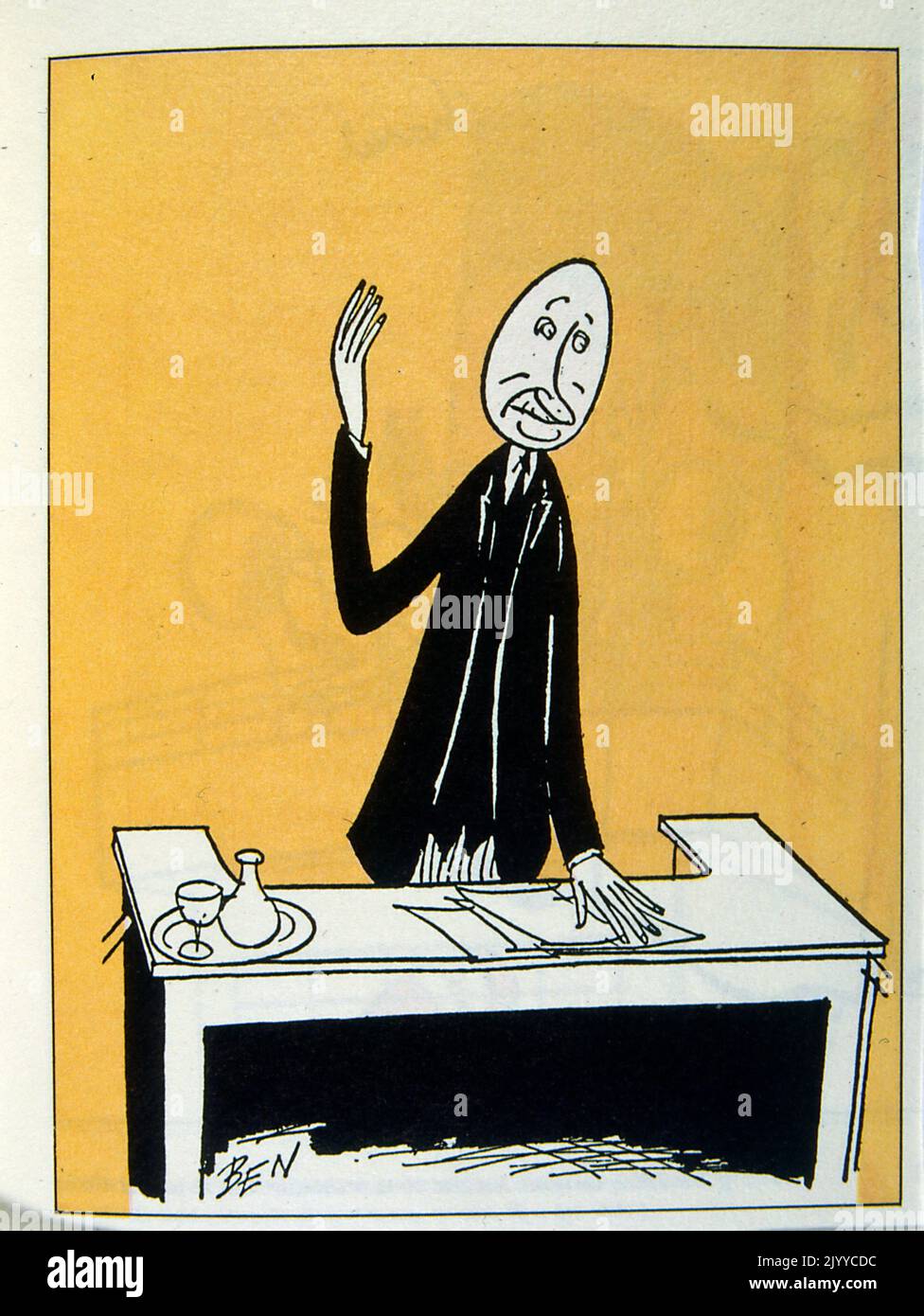 Ink drawing of a man standing behind a desk Illustration signed BEN ...