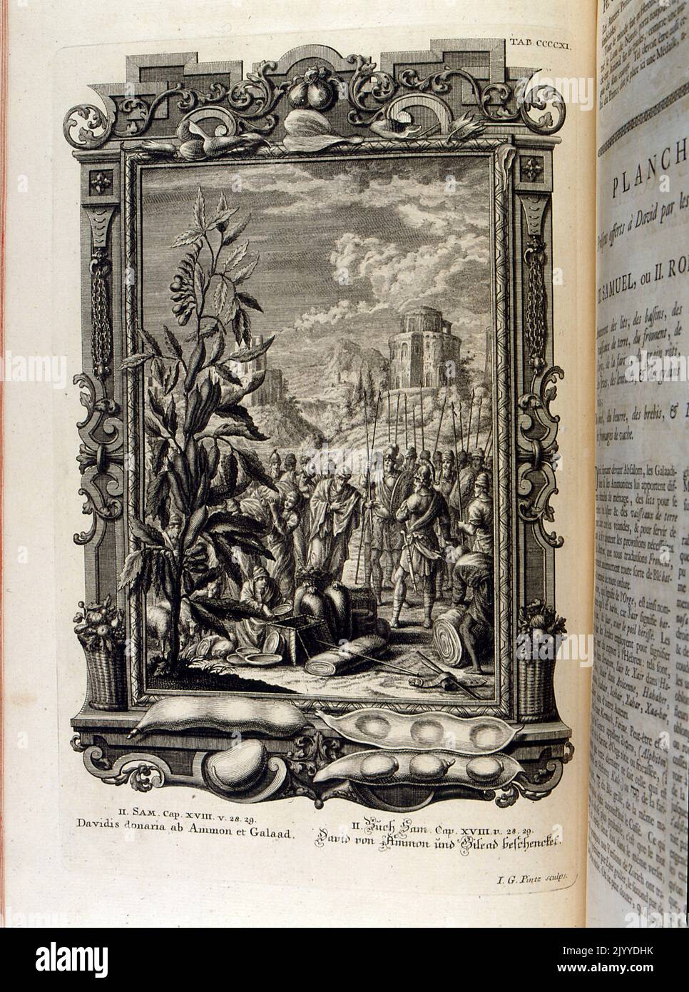 Engraving depicting King David giving gifts to Ammon and Gilead, with ...