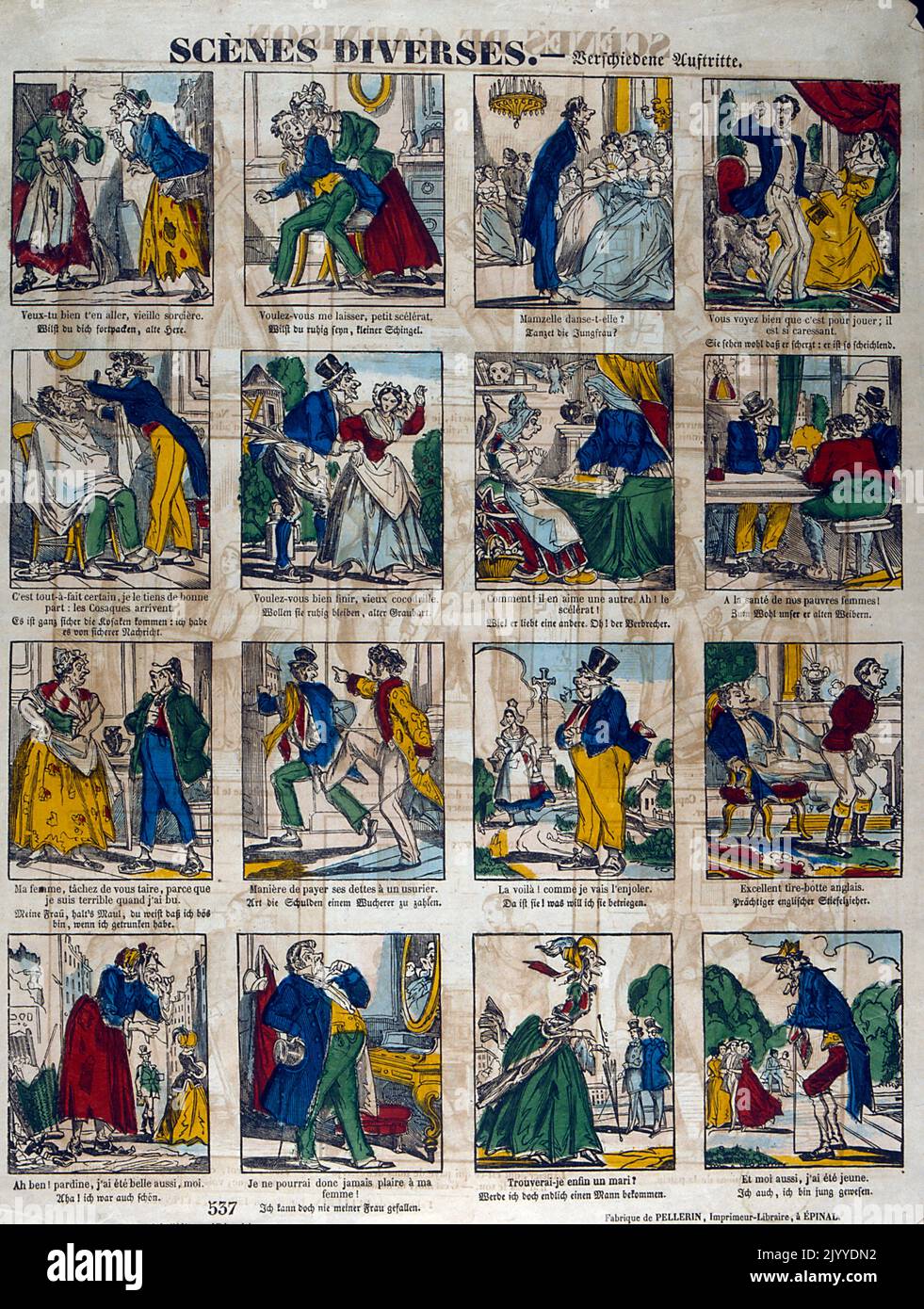 Coloured Cartoon entitled 'Different Scenes' depicting various comical ...