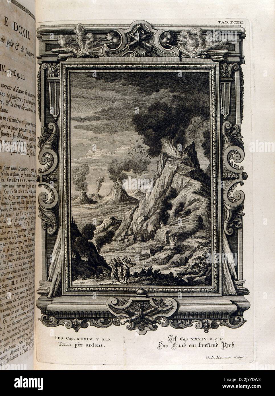Engraving depicting a scene of rocky mountains and exploding volcanoes ...