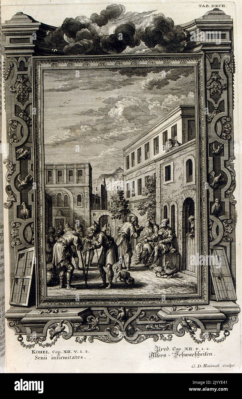 Engraving depicting a street scene. The Illustration is set within an ...