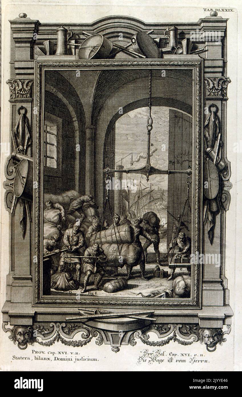 Engraving depicting men weighing heavy sacks. The Illustration is set ...