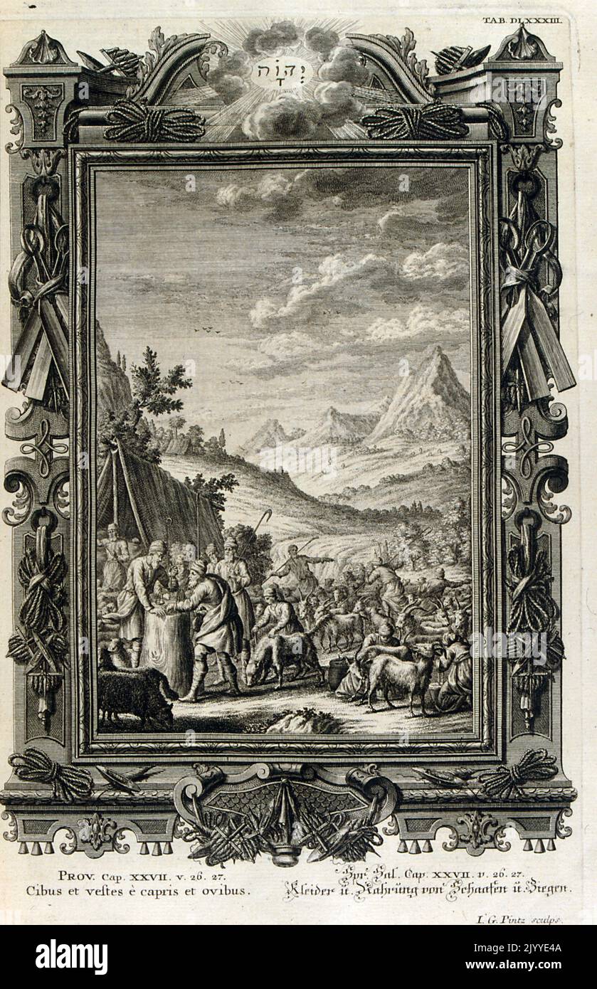 Engraving depicting a pastoral scene with shepherds doing business in ...