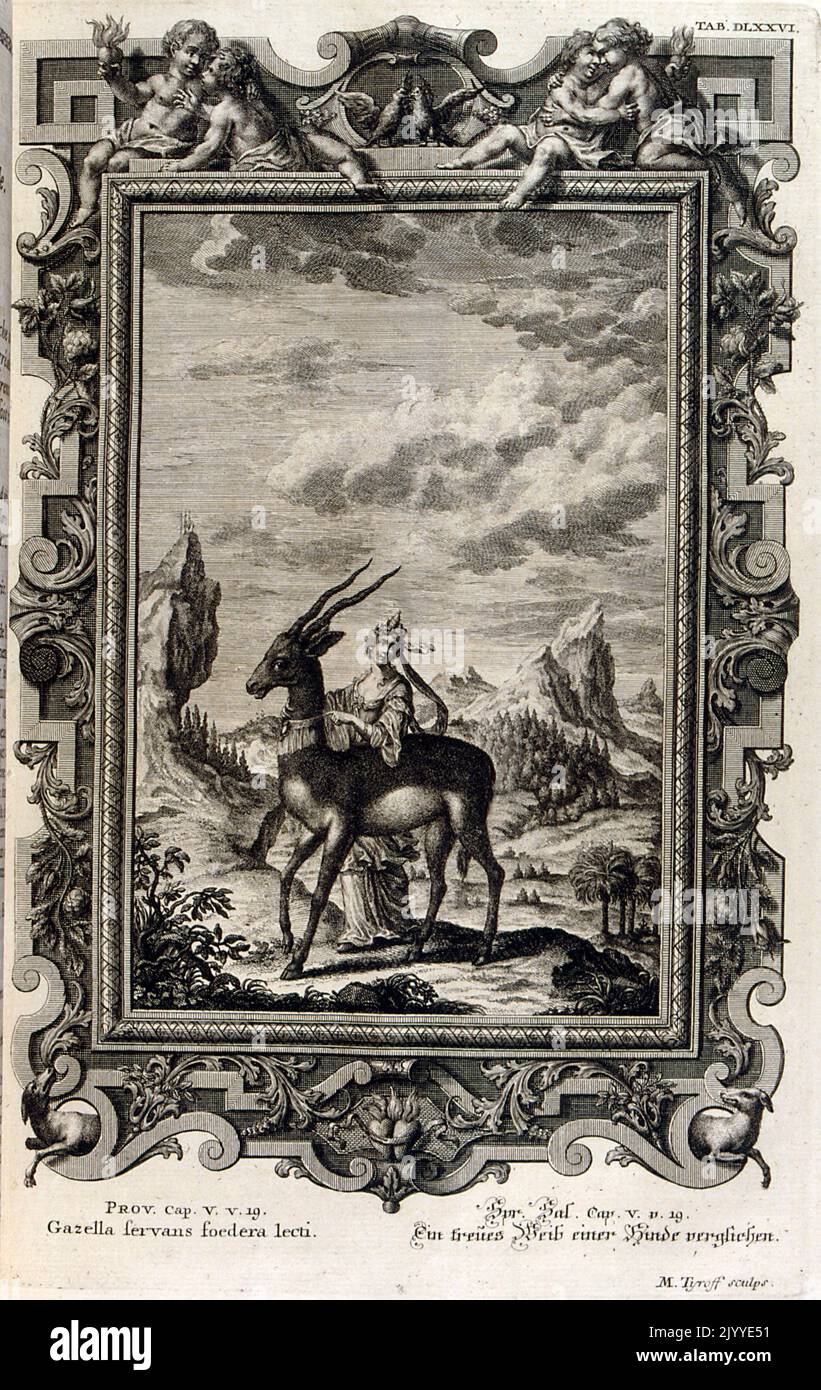 Engraving depicting a pastoral scene looking with a woman leaning over ...