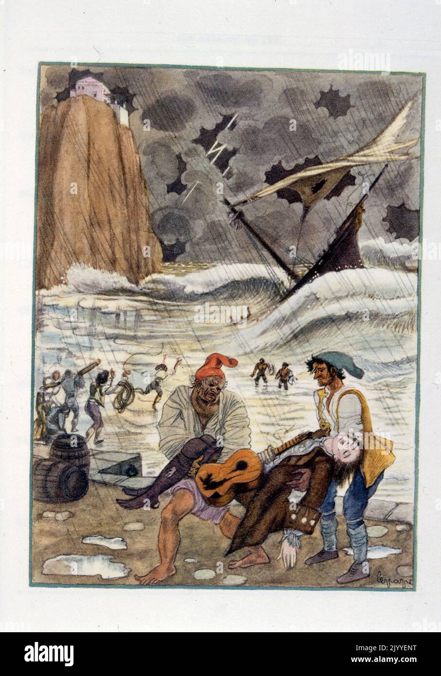 Illustration depicting a man being saved from the sea by two fishermen ...