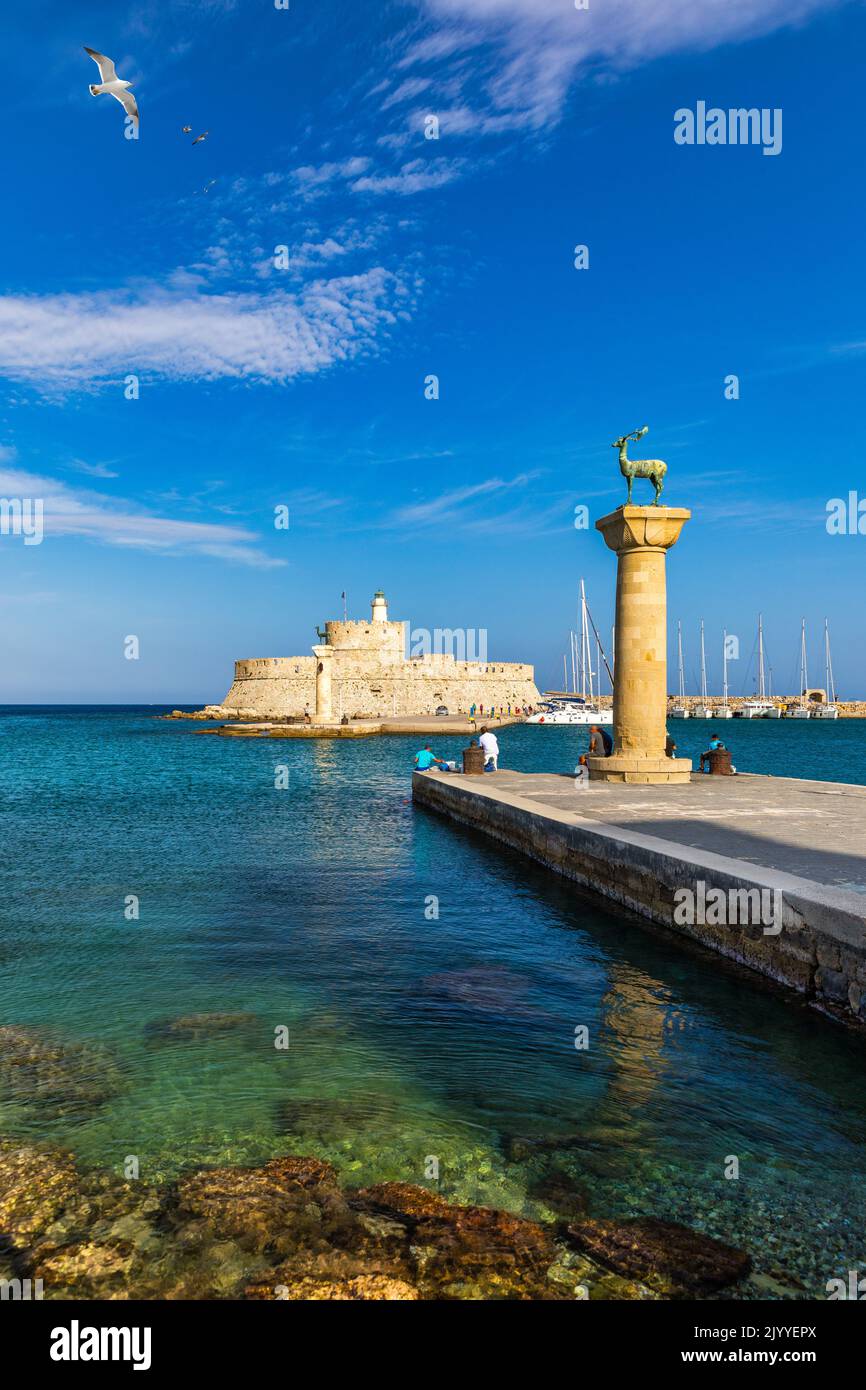 Mandraki port with deers statue, where The Colossus was standing and ...