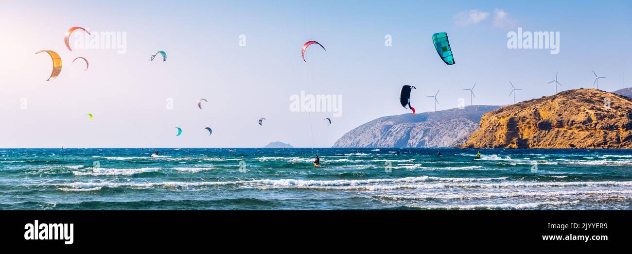 Surfers in Prasonisi Beach in Rhodes island, Greece. Kiteboarder ...