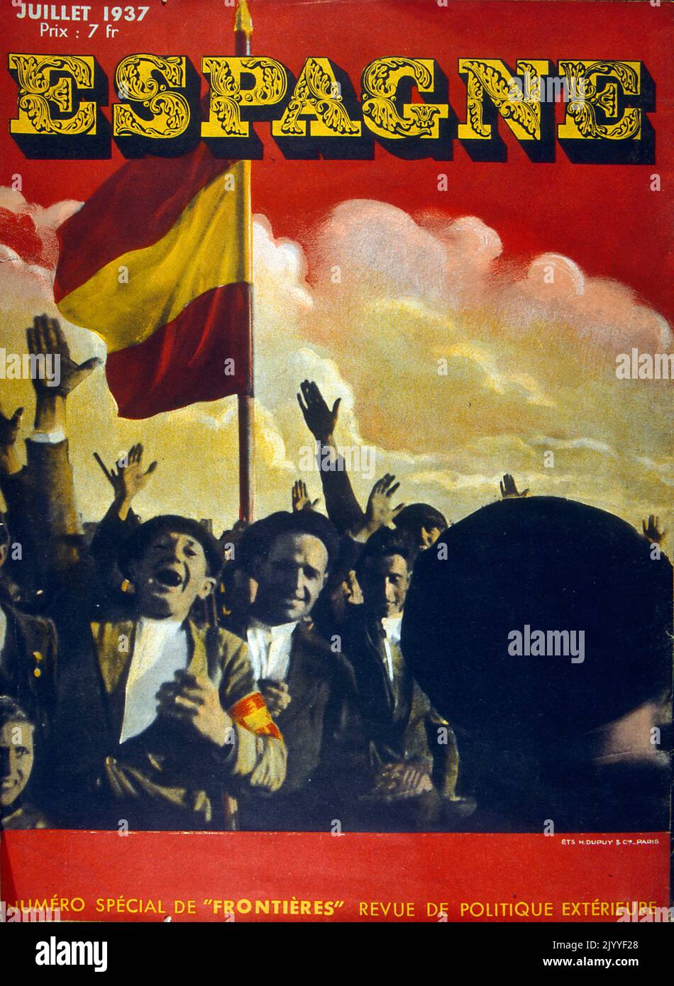 Front cover Illustration of men holding the Spanish flag, dated July 1937, one year after the ...