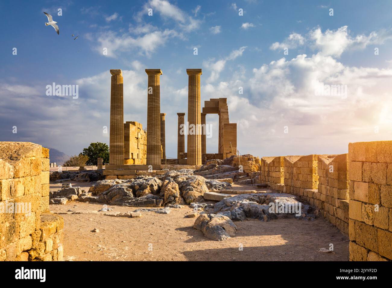Ruins of Acropolis of Lindos view, Rhodes, Dodecanese Islands, Greek ...