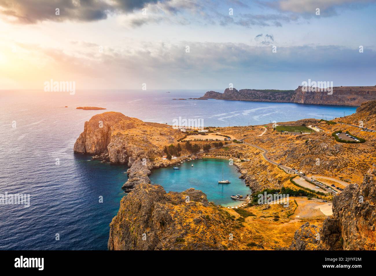 Aerial view on St. Paul's bay in Lindos, Rhodes island, Greece ...
