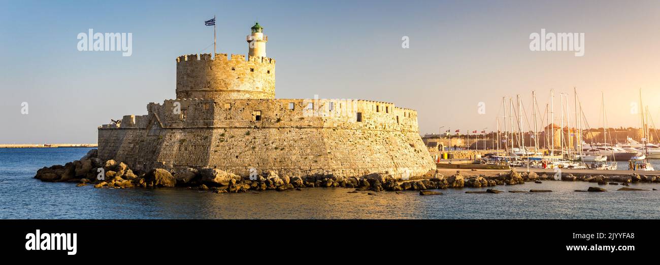 Panoramic view of Rhodes old town on Rhodes island, Greece. Saint ...