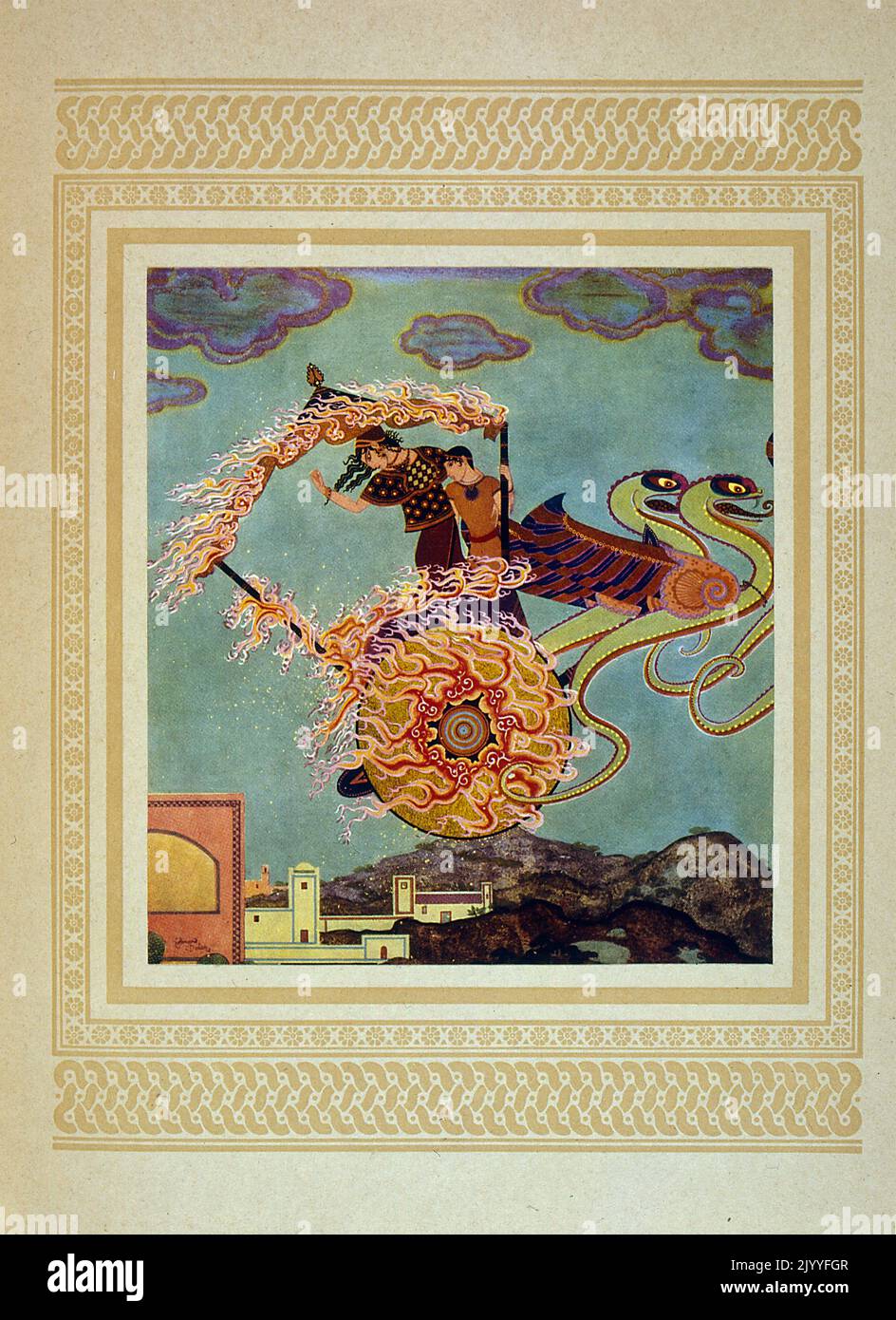 Coloured Illustration of two men riding in a fiery chariot. Illustrated ...