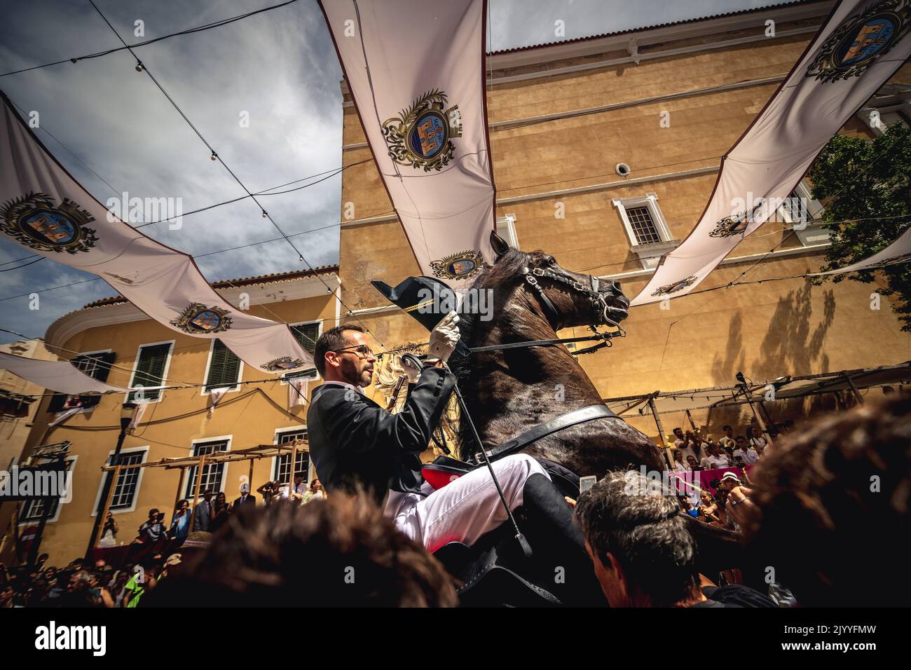 Mahon, Spain. 8th Sep, 2022. A 'caixer' (horse rider) rears up on his ...