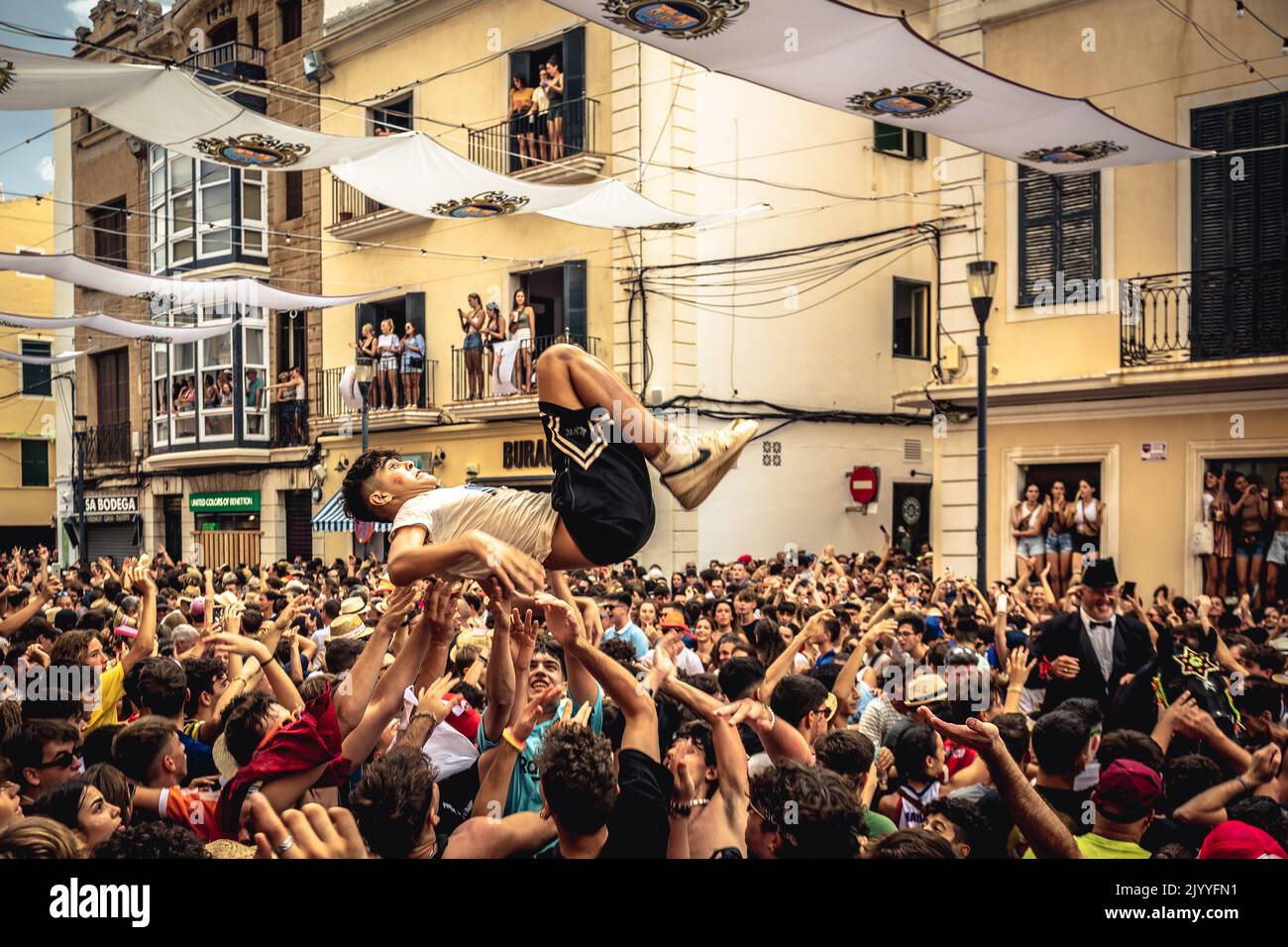 Mahon, Spain. 8th Sep, 2022. A boy is thrown into the air during the ...