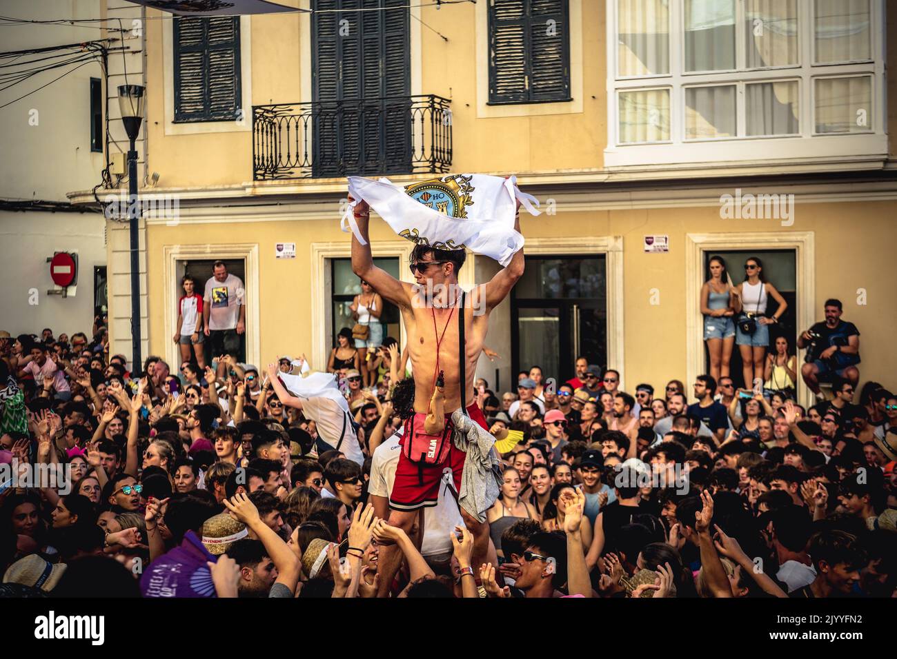 Mahon, Spain. 8th Sep, 2022. The cheering crowd dances during the ...