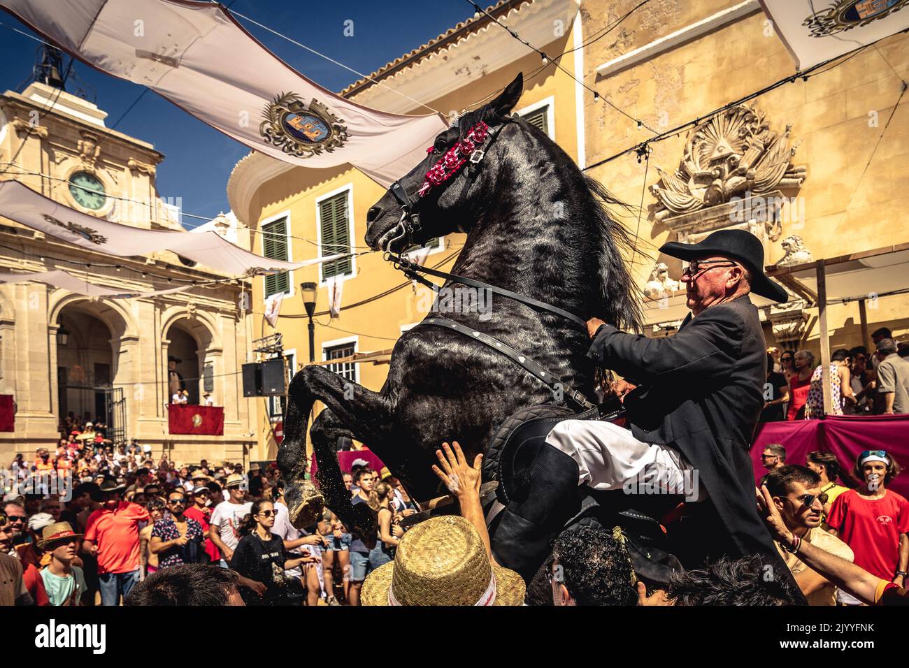 Mahon, Spain. 8th Sep, 2022. A 'caixer' (horse rider) rears up on his ...