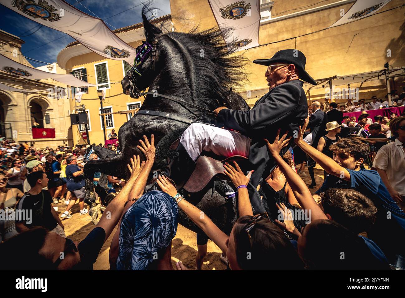 Mahon, Spain. 8th Sep, 2022. A 'caixer' (horse rider) rears up on his ...