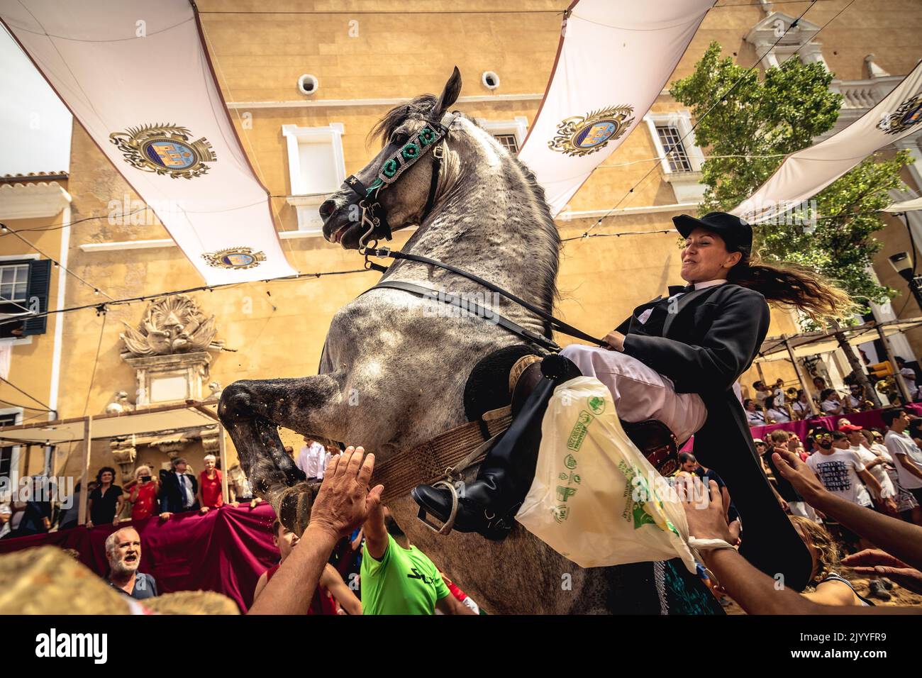 Mahon, Spain. 8th Sep, 2022. A 'caixer' (horse rider) rears up on his ...
