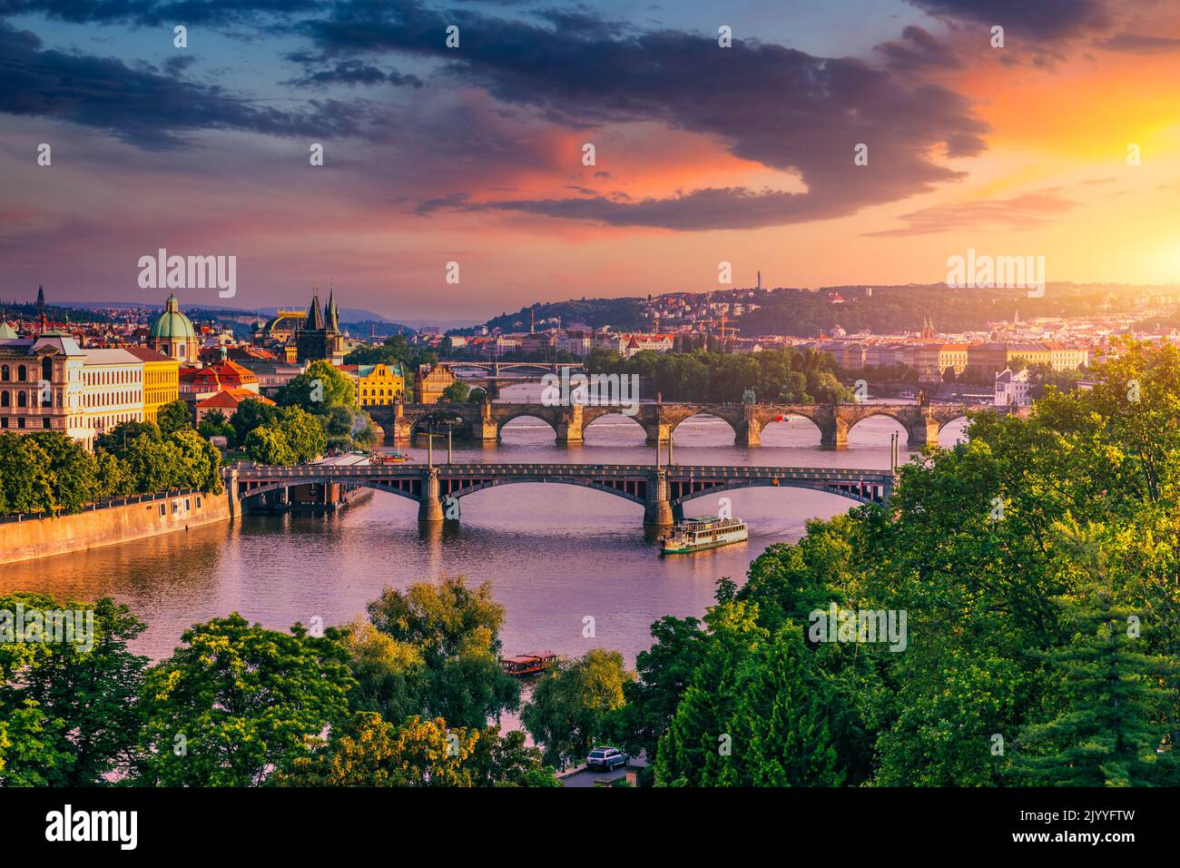 Charles Bridge sunset view of the Old Town pier architecture, Charles ...